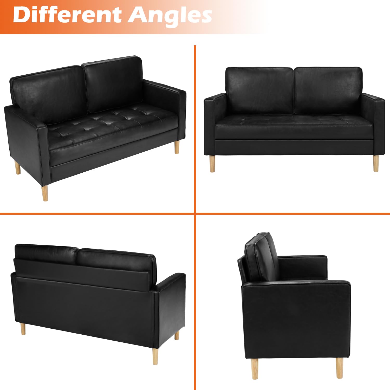 AILEEKISS 57'' Mid-Century Loveseat Faux Leather Sofa Couch with Armrest for Two People Modern 2 Seat Sofa for Living Room (2-Seater, Black)
