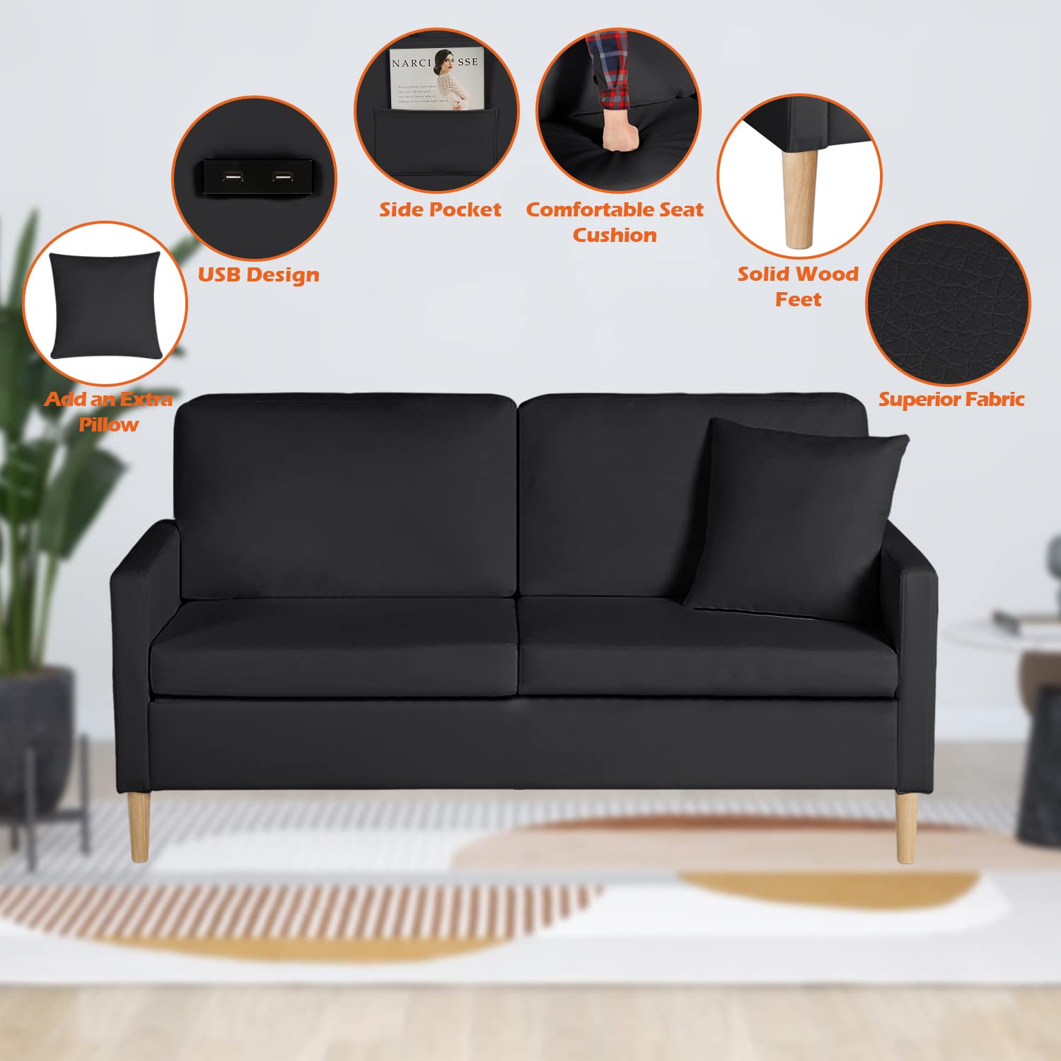 AILEEKISS Mid-Century Sectional Sofa Set for Living Room Faux Leather Office 2 Pcs Couch Set with Armrest Modern Upholstered Loveseat Couches (1-Seater+2-Seater, Black)