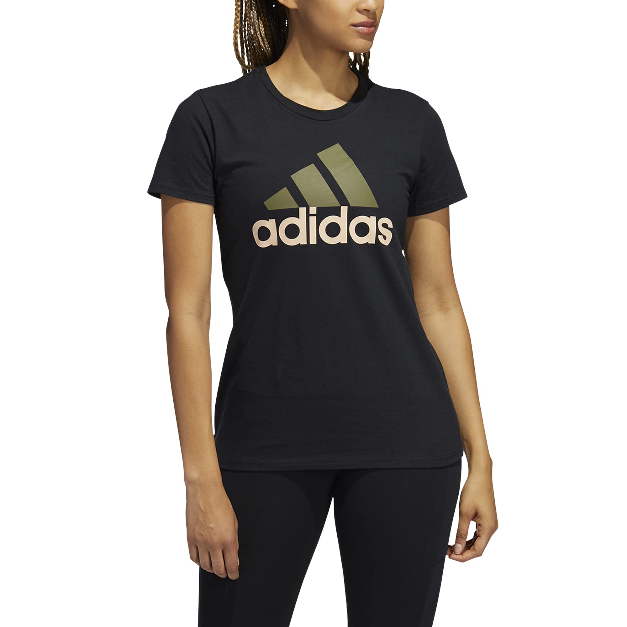 Adidas Women's Badge of Sport Tee, Black/Focus Olive/Halo Blush, Small