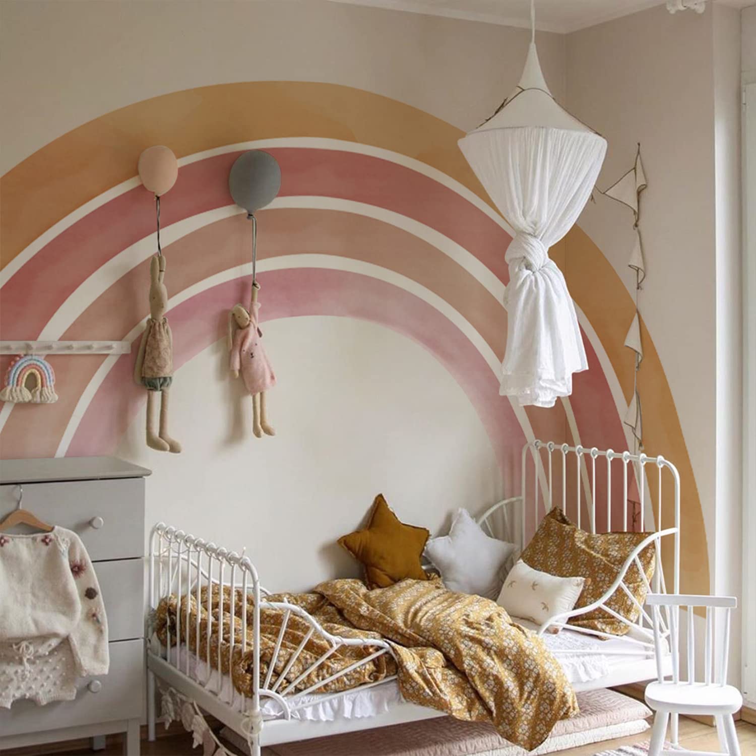 astrkiz Large Fabric Boho Rainbow Wall Mural Decals Peel and Stick, Precut Watercolor Coral Peach Pink Rainbow Wall Art Stickers for Girls Bedroom, Kids Wall Sticker Decor Playroom, 87.40" x 46.47"