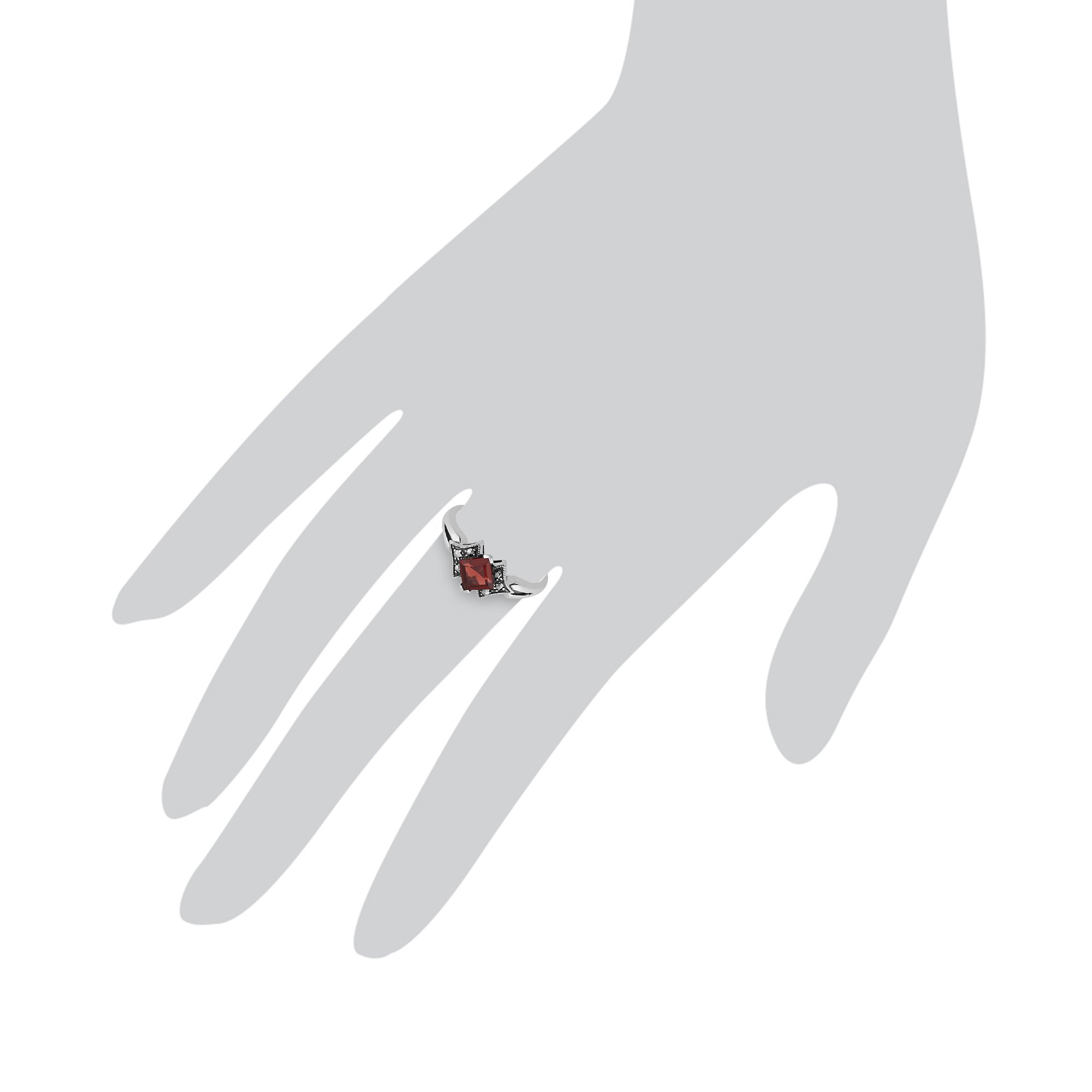 925 Sterling Silver Art Deco Garnet & Marcasite Ring