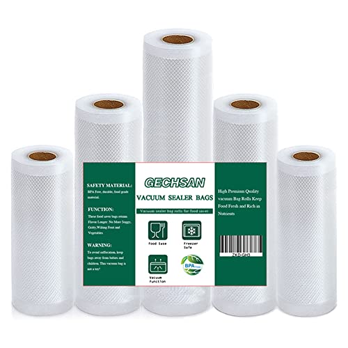 Vacuum Sealer Bags, GECHSAN Food Storage Vacuum Sealing Plastic Packaging Bags, 5 Pack(6" x 20'/ 8" x 20'/ 11" x 20') Heavy Duty Vacuum Seal Bag Rolls, Great for Sous Vide or Meal Prep, Work with Vacuum Sealer, BPA Free.