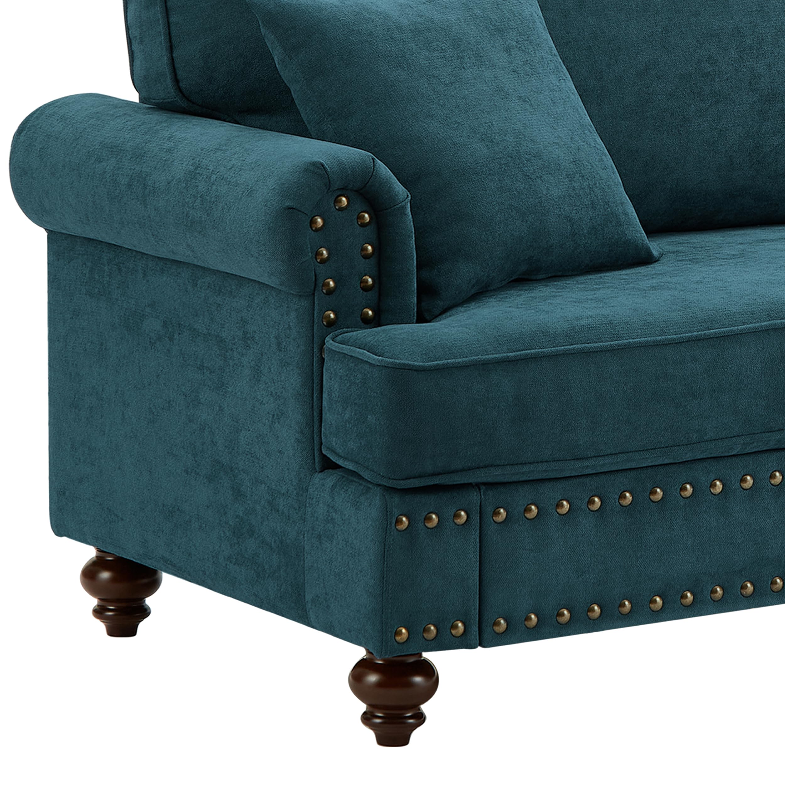 Asucoora Chenille Upholstered Couch, Rolled Arm 3-Seater Sofa Couch with Nailhead Trim and 2 Pillows Rolled Arm Green