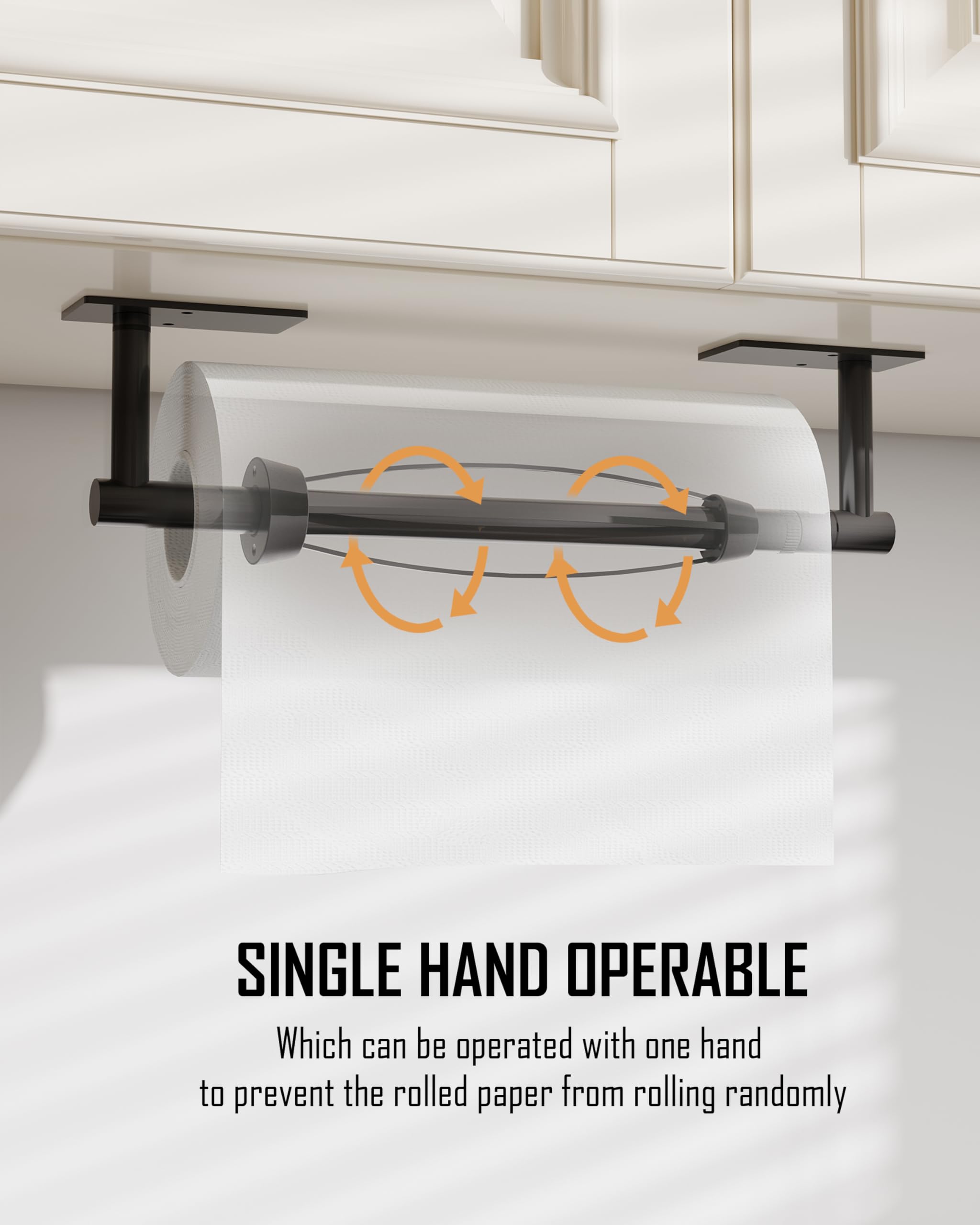 BATHDANCE Paper Towel Holder -Under Cabinet Paper Towel Holder, Single Hand Operable Roll Holder with Damping Effect,No Drilling or Wall Mounted Stainless Steel for Kitchen Bathroom (Matte Black)