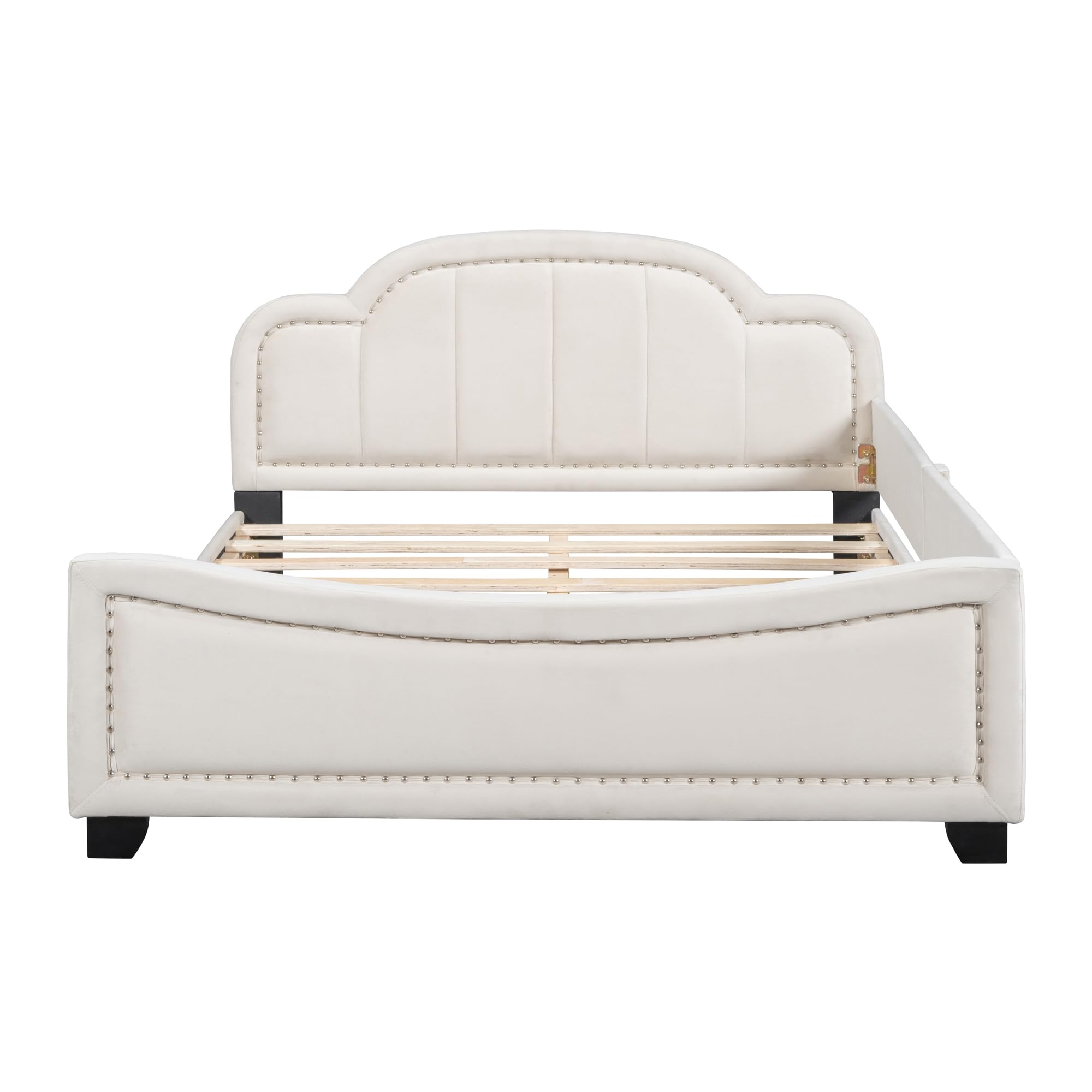 P PURLOVE Full Size Upholstered Daybed with Headboard,Velvet Platform Bed with Rails and Slat,Low Profile Single Daybed for Girls Boys,Beige