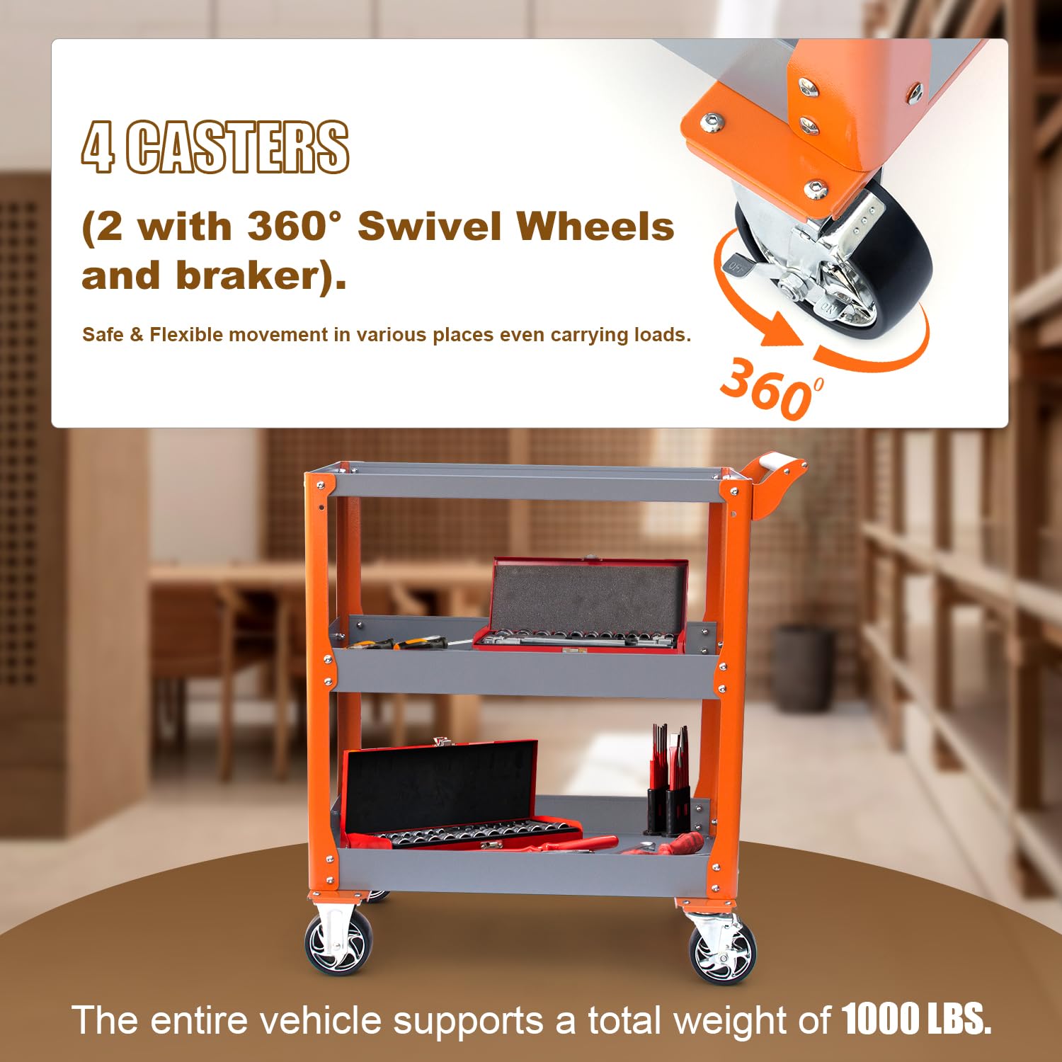HPDMC 3-Tier Utility Cart 1000lbs Capacity Heavy Duty Metal Service Cart with Wheels, Rolling Tool Cart on Wheels, Garage Tool Push Cart for Mechanic, Garage, Workshop, Warehouse, Office