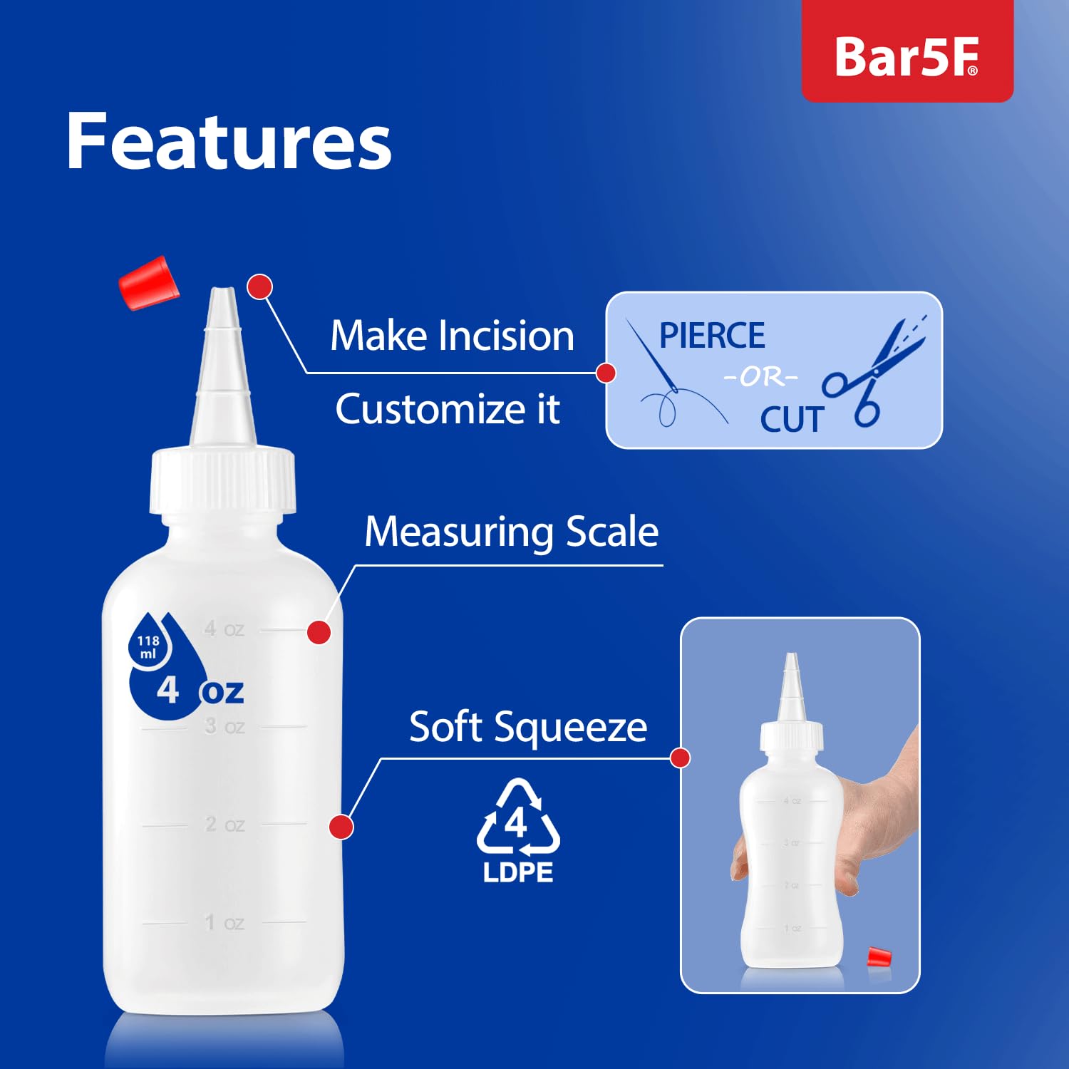 Soft Squeeze Hair Applicator Bottle for Hair Treatment, Scalp Oil, Root, Color, 4 Ounce Translucent with Measuring Scale and Cap, BPA Free, 2 Pack