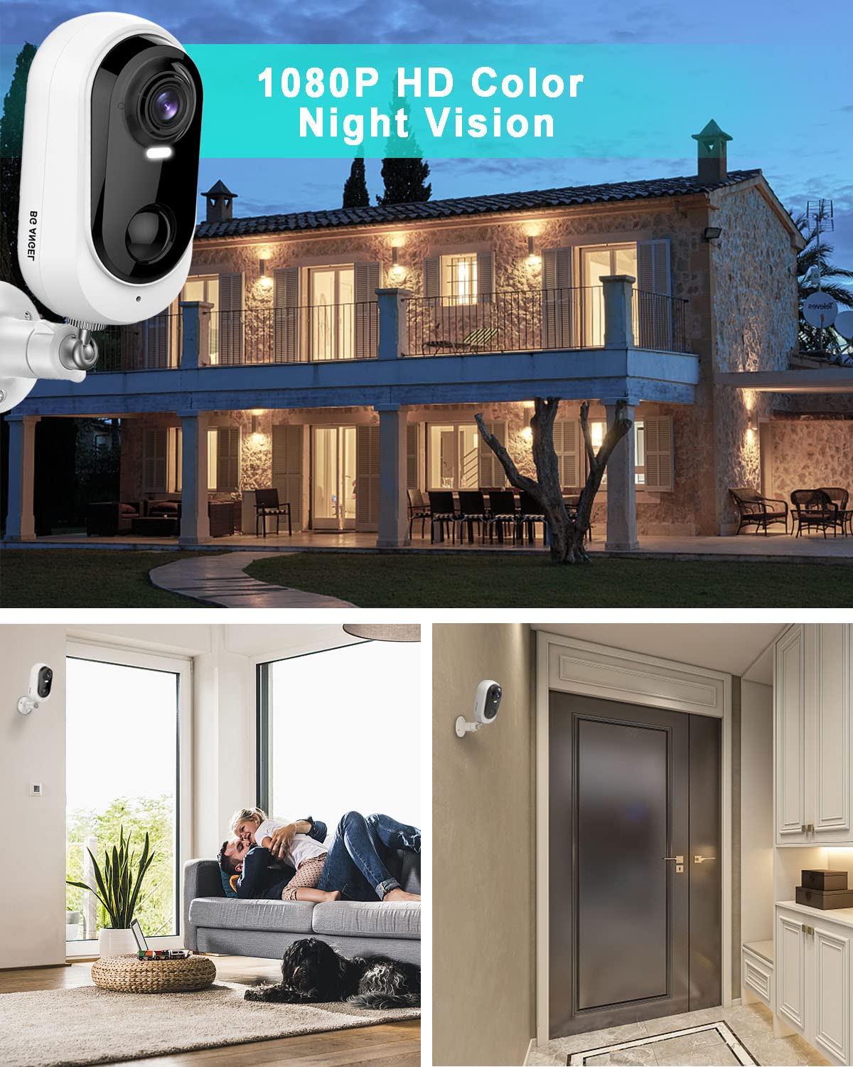 BG ANGEL Security Camera Outdoor, Wireless 1080P Home Surveillance Cameras, WiFi Camera Rechargeable Battery Powered w/Color Night Vision, PIR Motion Detection Sensor, Siren Alarm, 2-Way Audio, IP65