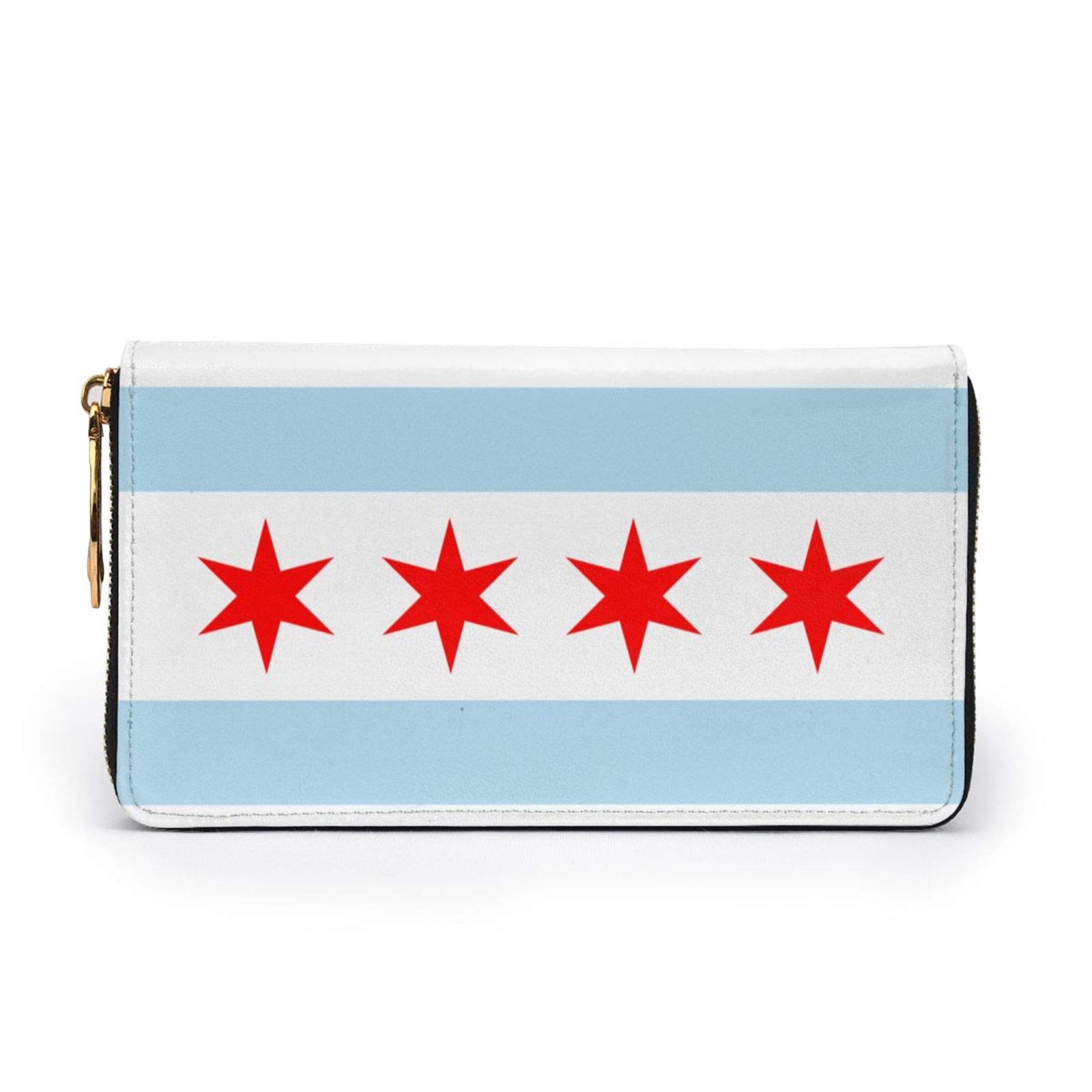 Chicago Flag Ladies Long Wallet Genuine Cowhide Zip Closure Card Slot Wallet