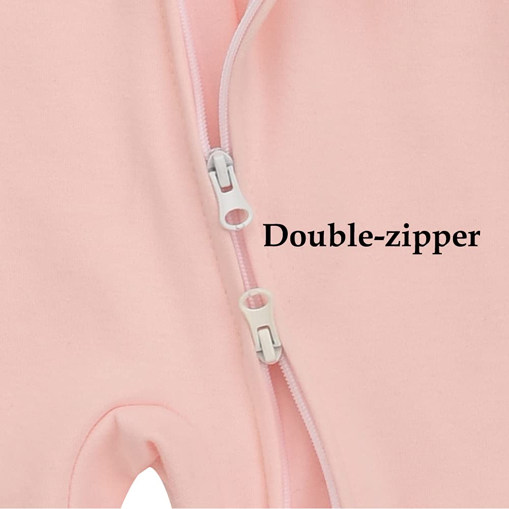 Aablexema Baby Footie Pajama with Mitten Cuffs, Double Zipper Infant Cotton clothes Sleeper Pjs, Footed Sleep Play(Ivory & Grey & Pink,0-3 Months)