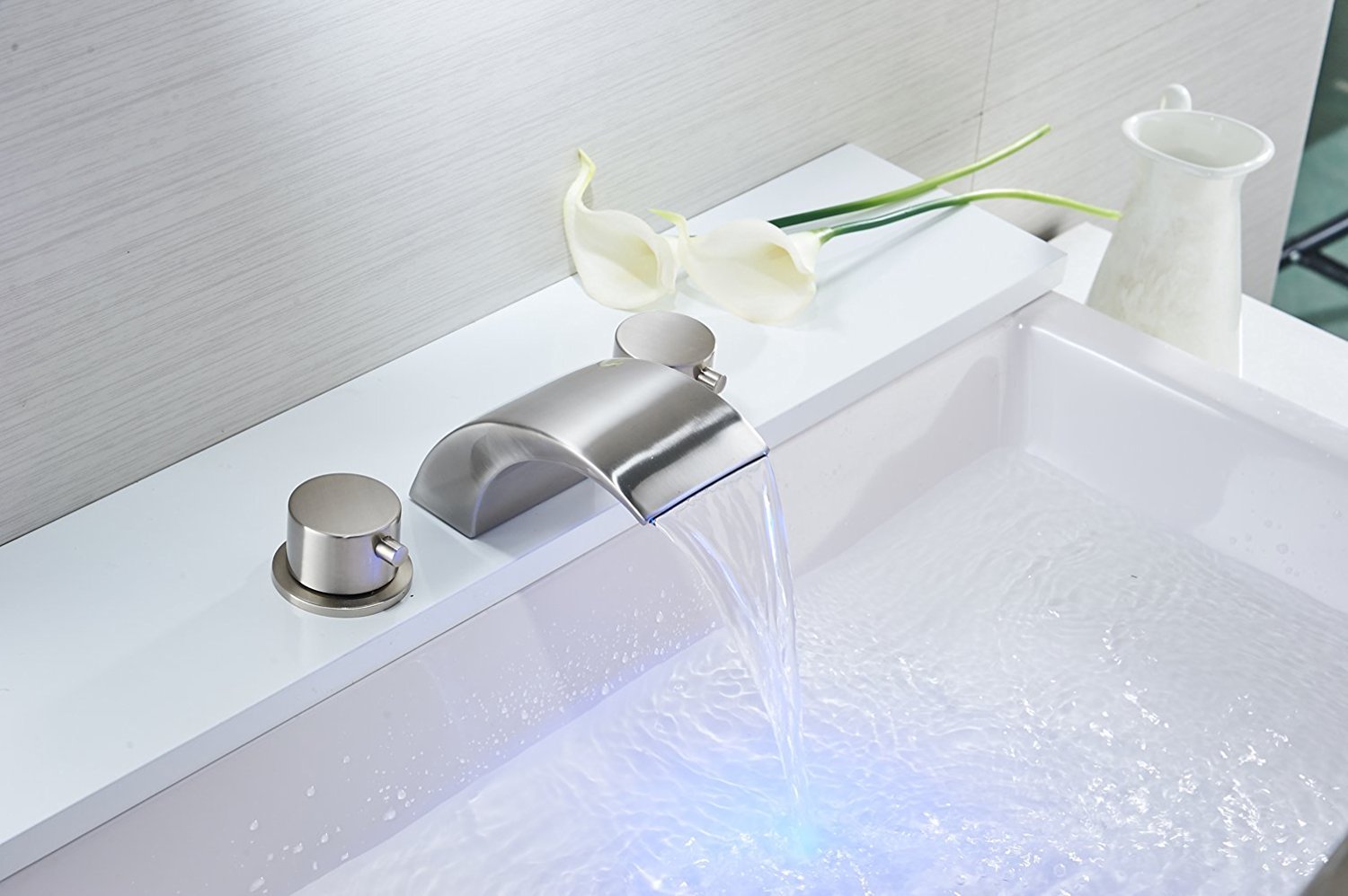 Bathfinesse 8-16 Inch LED Light Faucet Widespread Bathroom Sink Faucet Waterfall Vanity with 3-Color Changing 3 Holes with 2-Handles T Commercial Brushed Nickel Deck Mount Lavatory Faucets