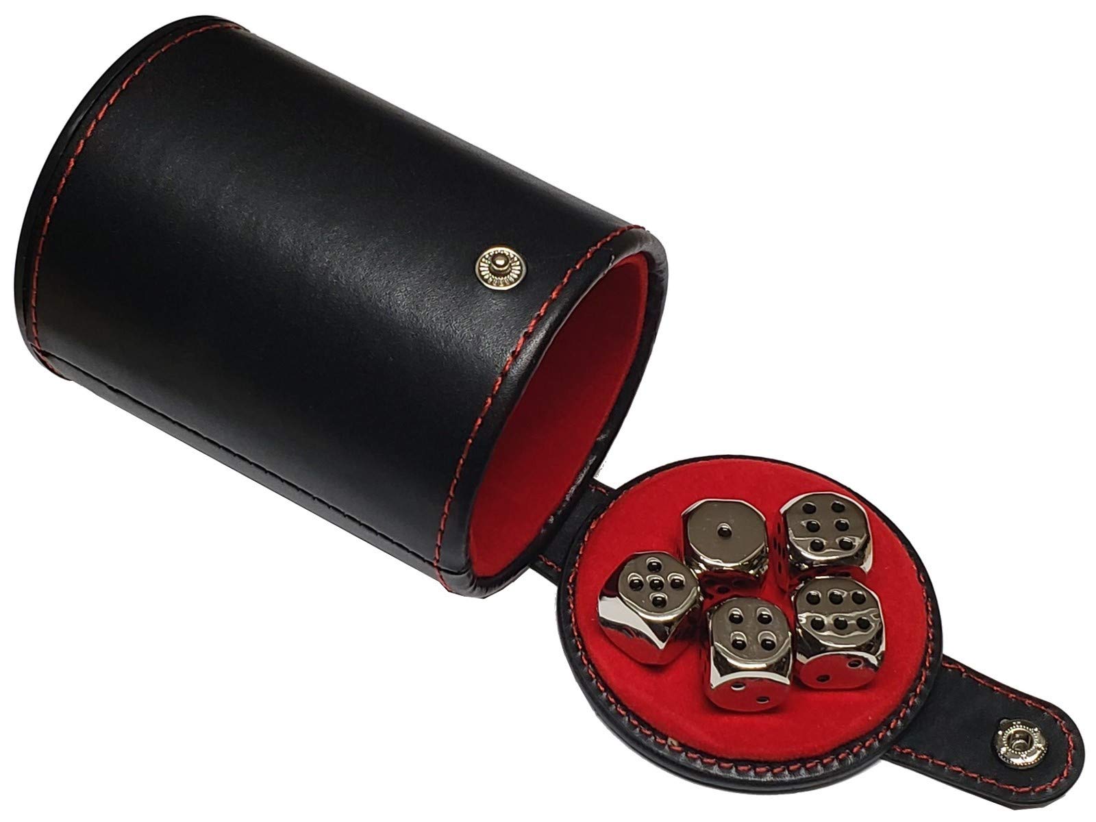 Cyber-Deals Set of Dice Cup Black PU Leather with Storage Compartment Red Felt Lined + 16mm Zinc Alloy Metal Dice, Gift Boxed (Nickel, Black)