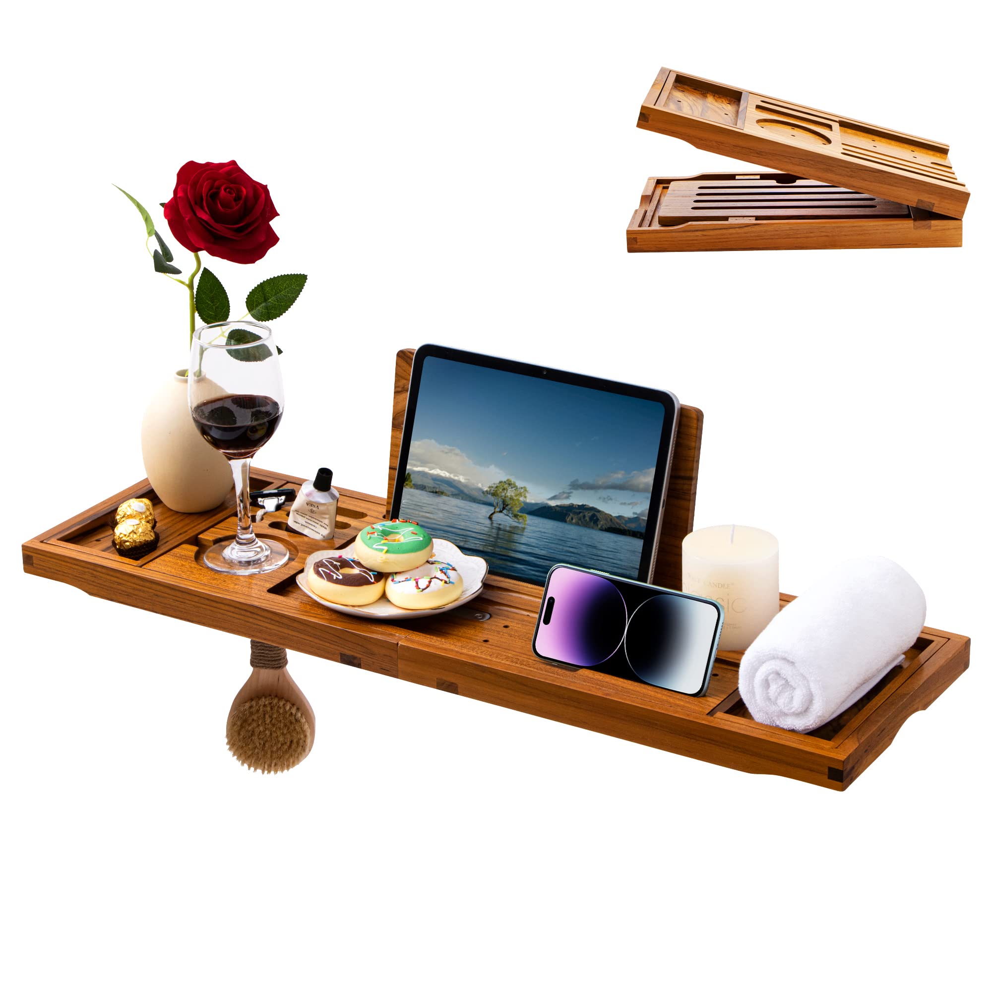Axeman Teak Bathtub Tray - Bathtub Caddy for Luxury Bath Foldable Bath Tray Bath Tub Accessories with Expandable Handles Wine Glass Phone Holder Book Stand for Home Spa Relaxing and Readingļ¼Natural