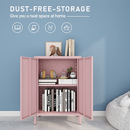 LINGZOE 2 Door Pink Metal Locker Storage Accent cabinets with Doors and Shelves, Steel Cupboard lockers for Kids Bedroom