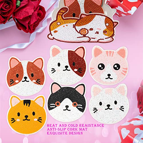 FEELOOK Diamond Painting Coasters with 3D Holder 6Pcs Cat Coasters DIY Diamond Art Crafts for Adults Kids and Beginners Art Craft Supplies Gift