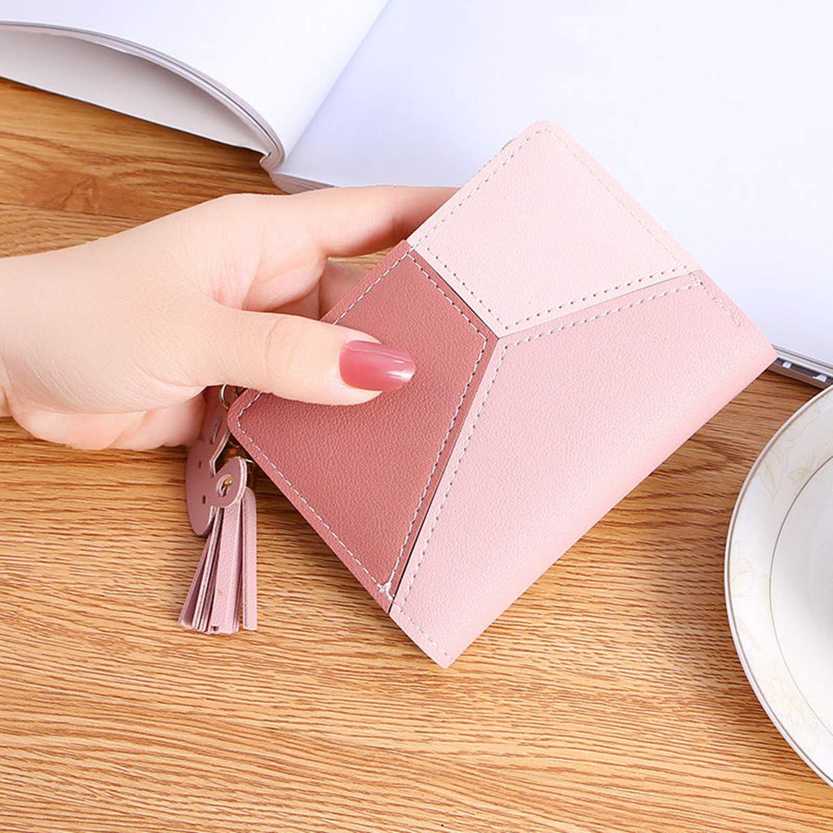 Chicmo Small Wallet for Women Girls, Bifold Slim PU Leather Multi Slots Card Holder Organizer Coin Purse Zipper with Tassel Pendants (Pink)