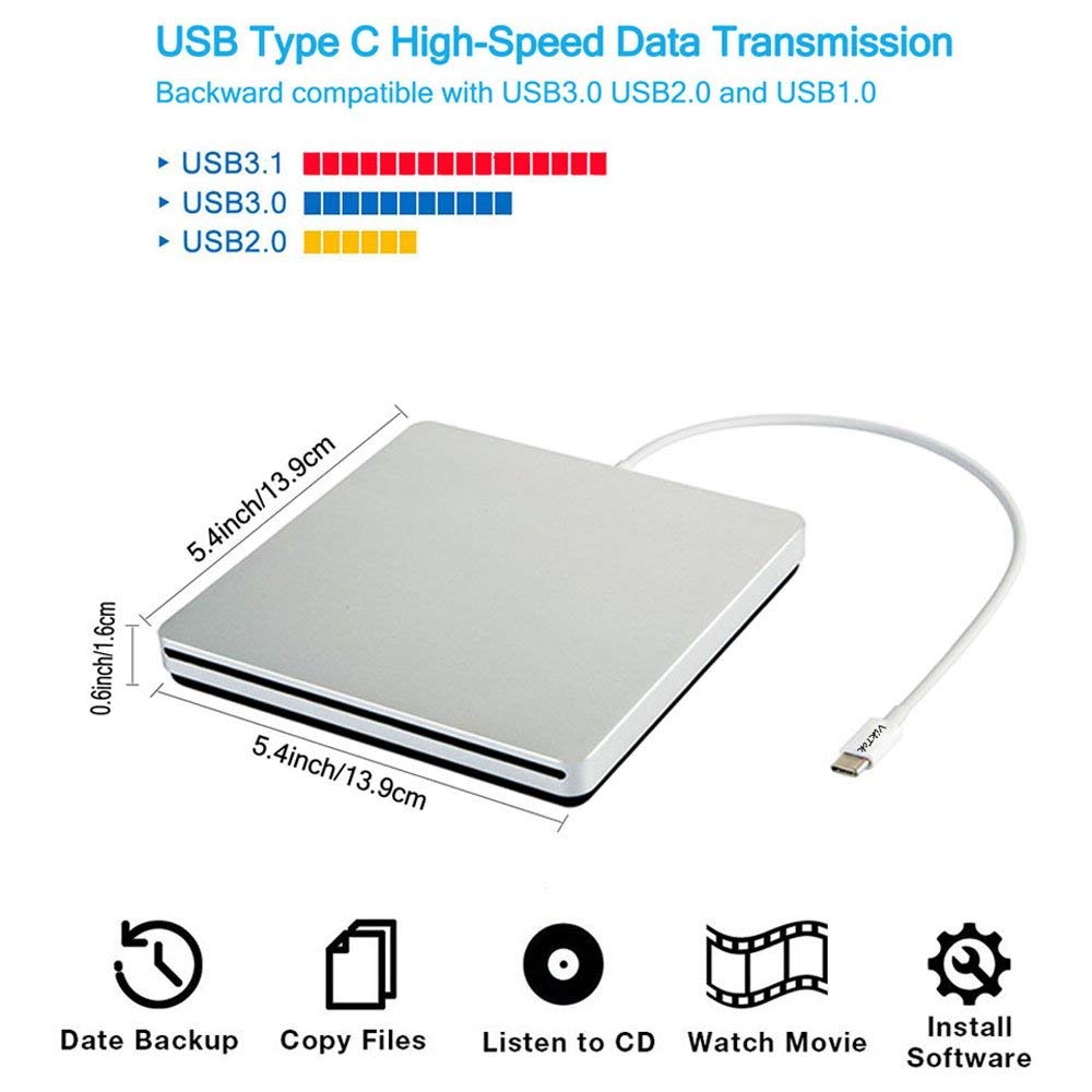 VikTck External CD DVD Drive USB C Ultra Slim Portable CD DVD RW/ROM Burner Writer Player Superdrive for MacBook Pro Air iMac Laptop Mac os Windows 10