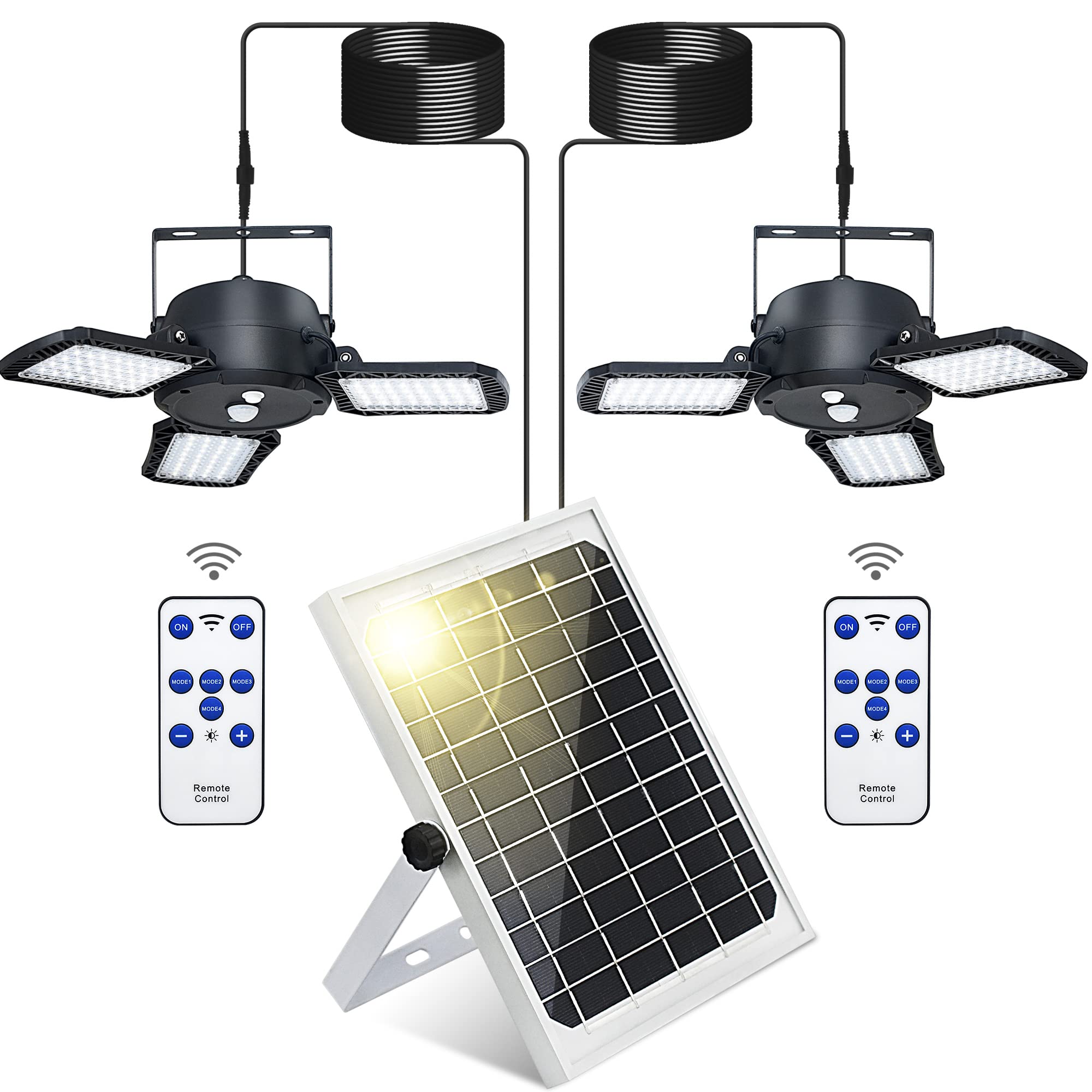 CYHKEE Solar Pendant Lights Outdoor Waterproof 4 Lighting Modes, 800LM Dusk to Dawn LED Dimmable Motion Sensor Hanging Solar Security Lights Remote Control with Pull String for Garden