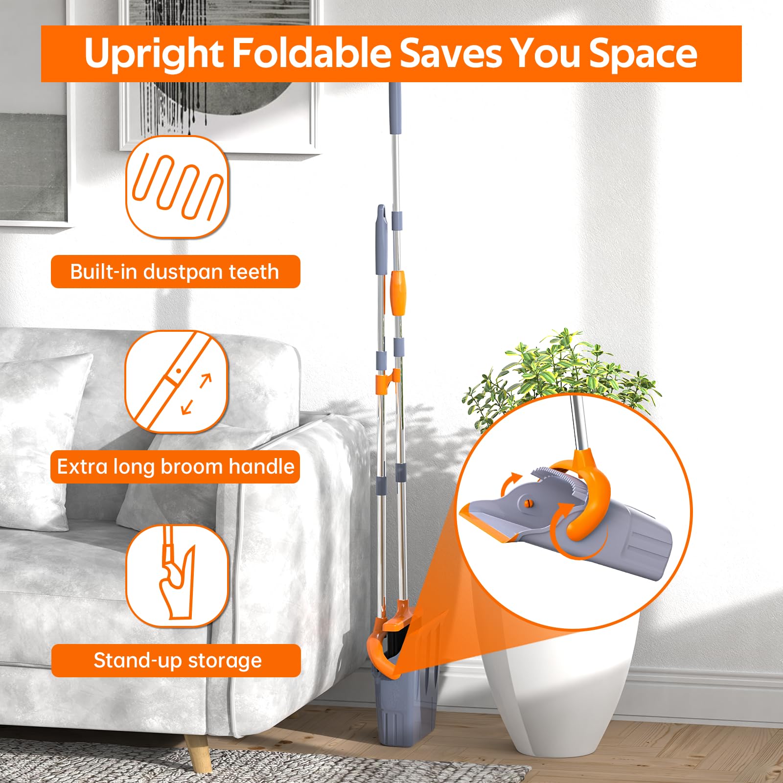 AXFRVEWA Broom and Dustpan Set with 52" Long Handle Broom with Dustpan Combo Set, Self-Cleaning Teeth & Standing Dust Pan and Broom for Home Office Kitchen Lobby Floor Use-Gray&Orange