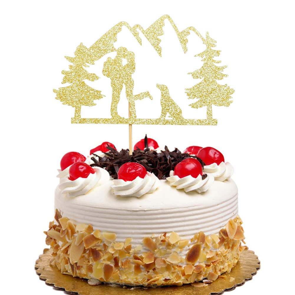 Outdoor Wedding Cake Topper Bride & Groom with Dog Backpacking Wedding Party Decor Mountain Trees Outdoor Themed Wedding Cake Decorations Gold Glitter