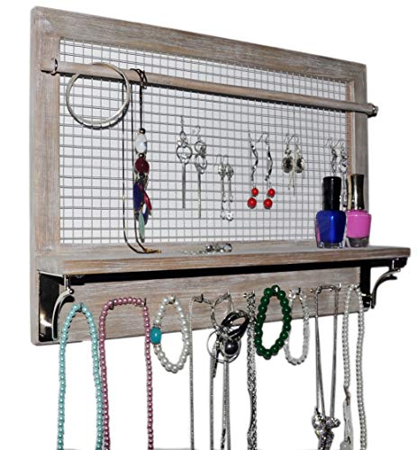 Spiretro Jewelry Organizer, Wall Mount Jewelry Holder Rack with Hooks Shelf and Removable Rod, Hanging Earrings Necklaces Bracelets Rings, Storage Accessories, Rustic Wood_Grey