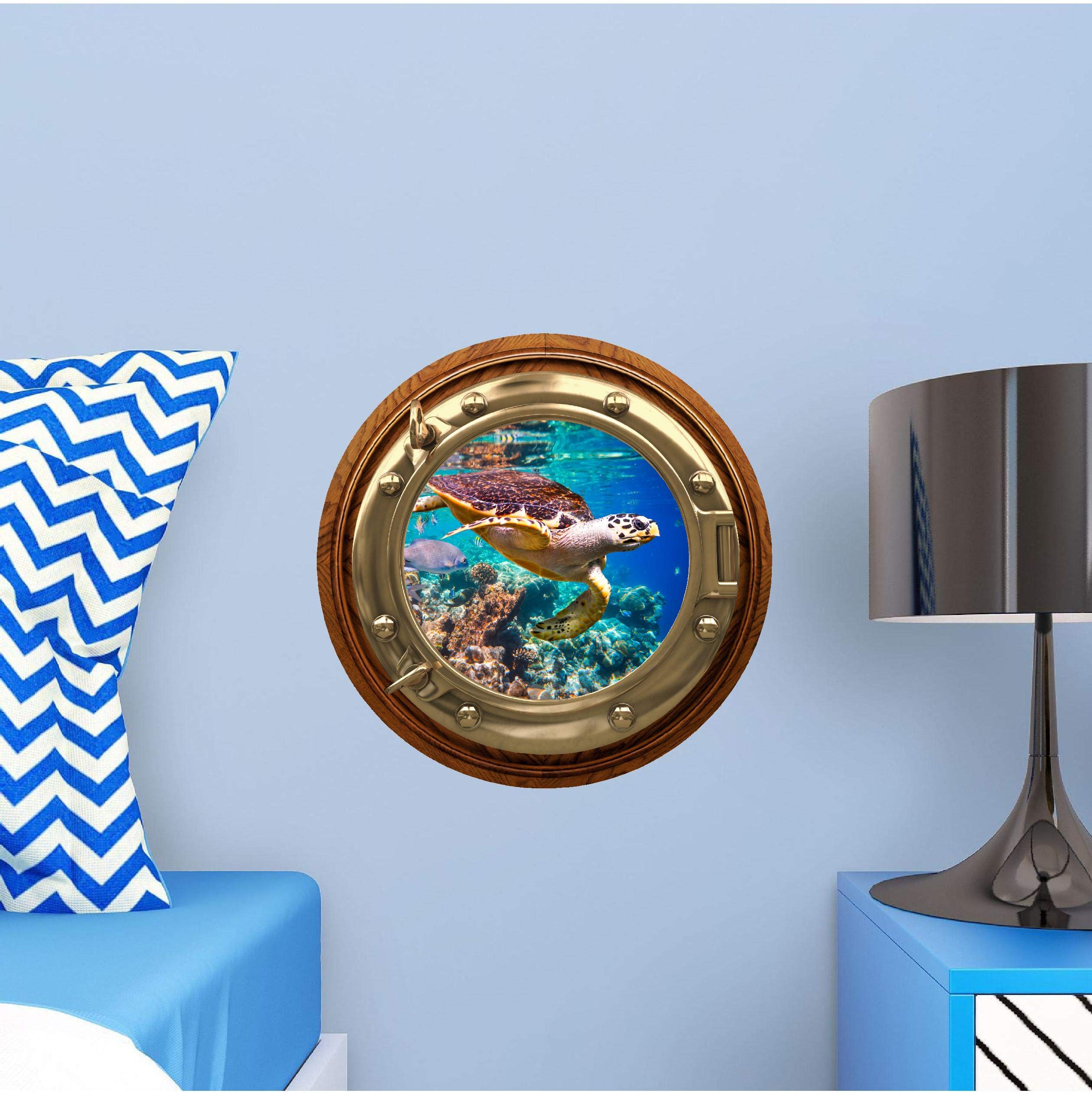 Port Scape Coral Reef Hawksbill Sea Turtle Porthole Brasswood Window Wall Decal Vinyl Sticker Ocean Fish Under Water Sea Life 12 inch