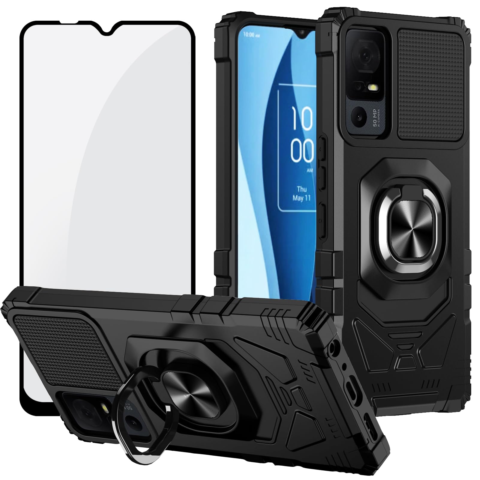 Ailiber for TCL 40 XE Case, TCL 40 X Case with Screen Protector Tempered Glass, Ring Kickstand for Magnetic Car Mount, Military Grade, Heavy Duty Shockproof Phone Cover for TCL 40 X 5G T609M-Black