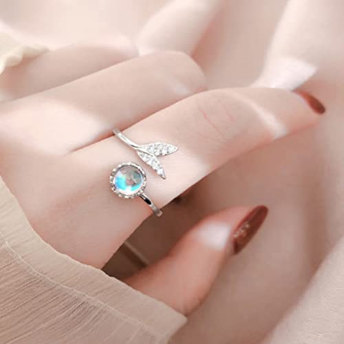 925 Sterling Silver Cute Tail Moonstone Personality Adjustable Ring Jewelry