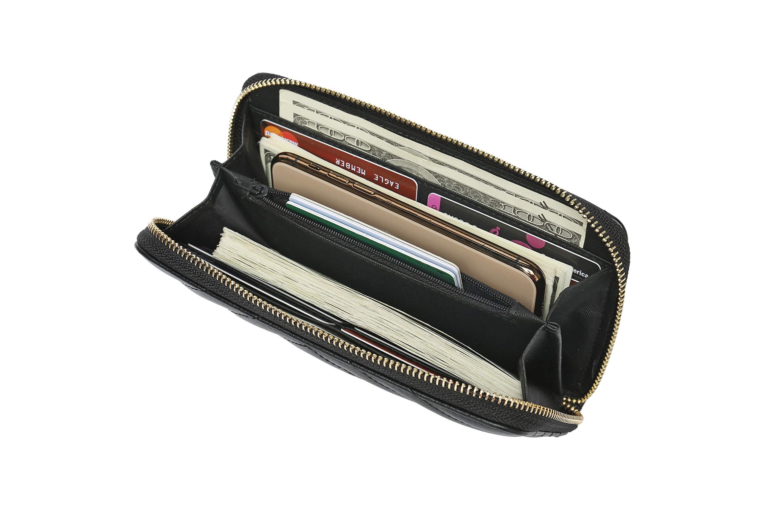 Daisy Rose Women’s Zip-Around Wallet & Phone Clutch with RFID Blocking, PU Vegan Leather (Black)