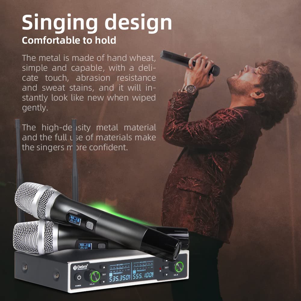 D Debra Audio R202 UHF Wireless Handheld Microphone System, 2x100 Channels Metal Dual Professional Cordless Dynamic Mic for Home Karaoke DJ Meeting Party Church, 320FT