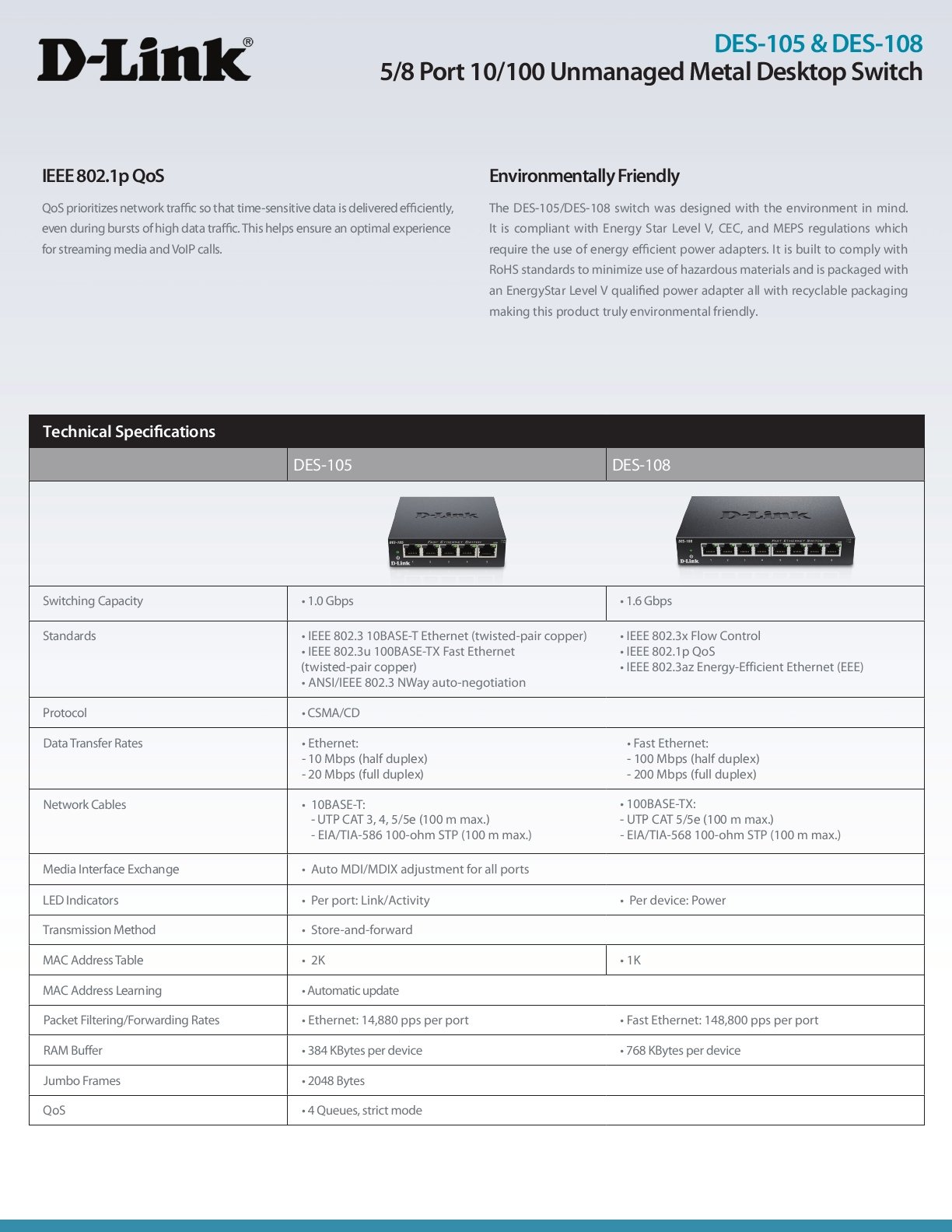 D-Link Fast Ethernet Switch, 8 Port Unmanaged Metal Fanless Desktop Network Internet (DES-108), Black
