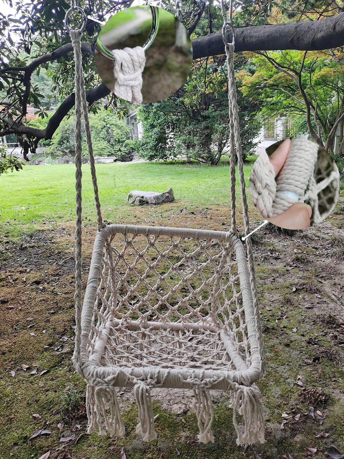 Square Macrame Hanging Swing Chairs Cotton Rope Lounger for Outdoor Indoor Garden Patio Yard Porch Tree