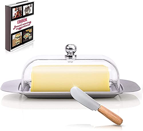 ALL GREEN Butter Dish with Lid and Knife Stainless Steel Metal Saucer with Unbreakable Clear Plastic Lid Covered Butter Dish Deluxe Butter Keeper Container & Spreading Knife(Clear+Salt+Pepper)
