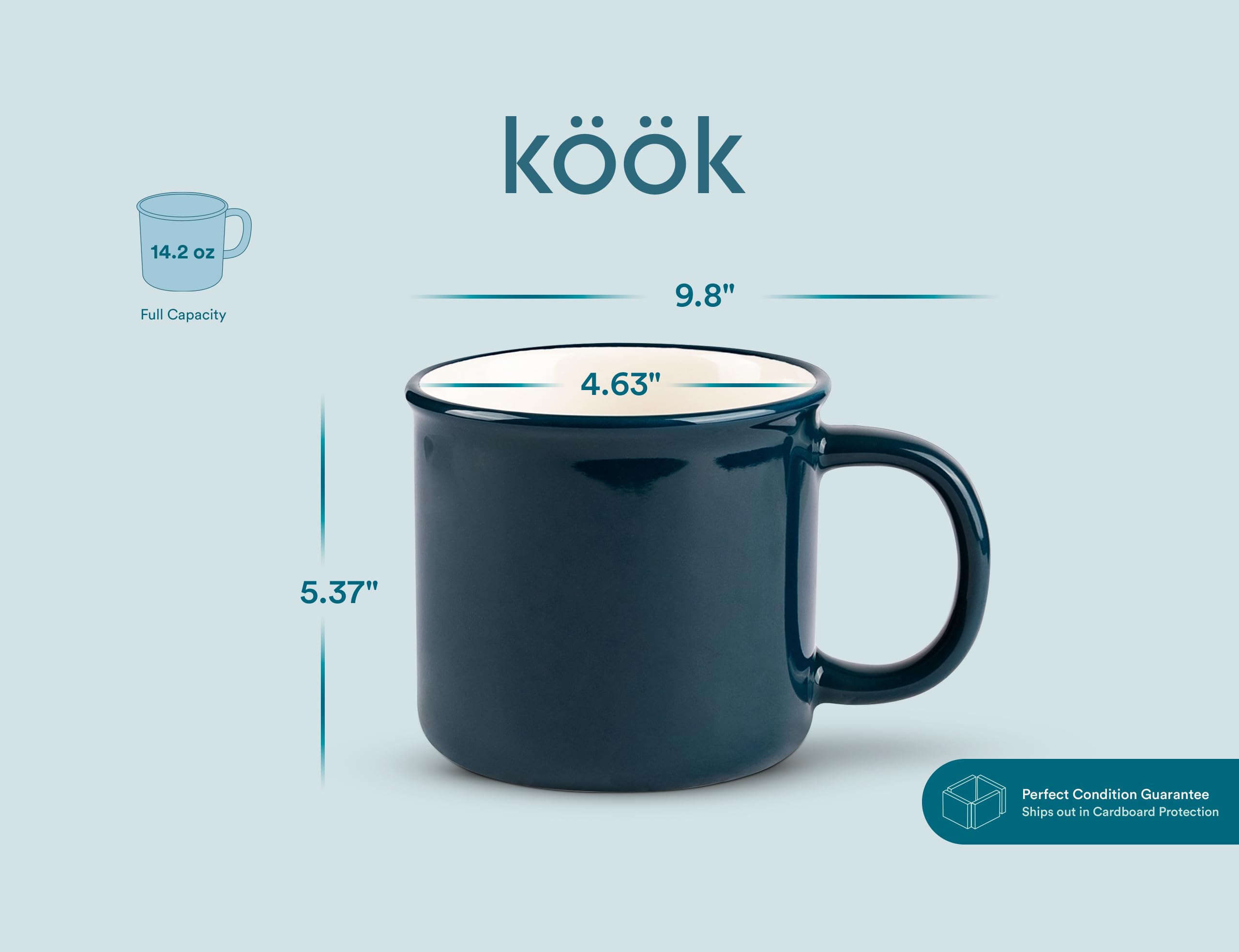 KooK Camping Mug, Camping Coffee Mugs, Urban Outdoor Hiking Coffee Cup, Ceramic, Camp Casual, for Campfire, Tea, Hot Chocolate, Soup, Microwave and Dishwasher Safe, 14 oz, Set of 2 Navy Blue