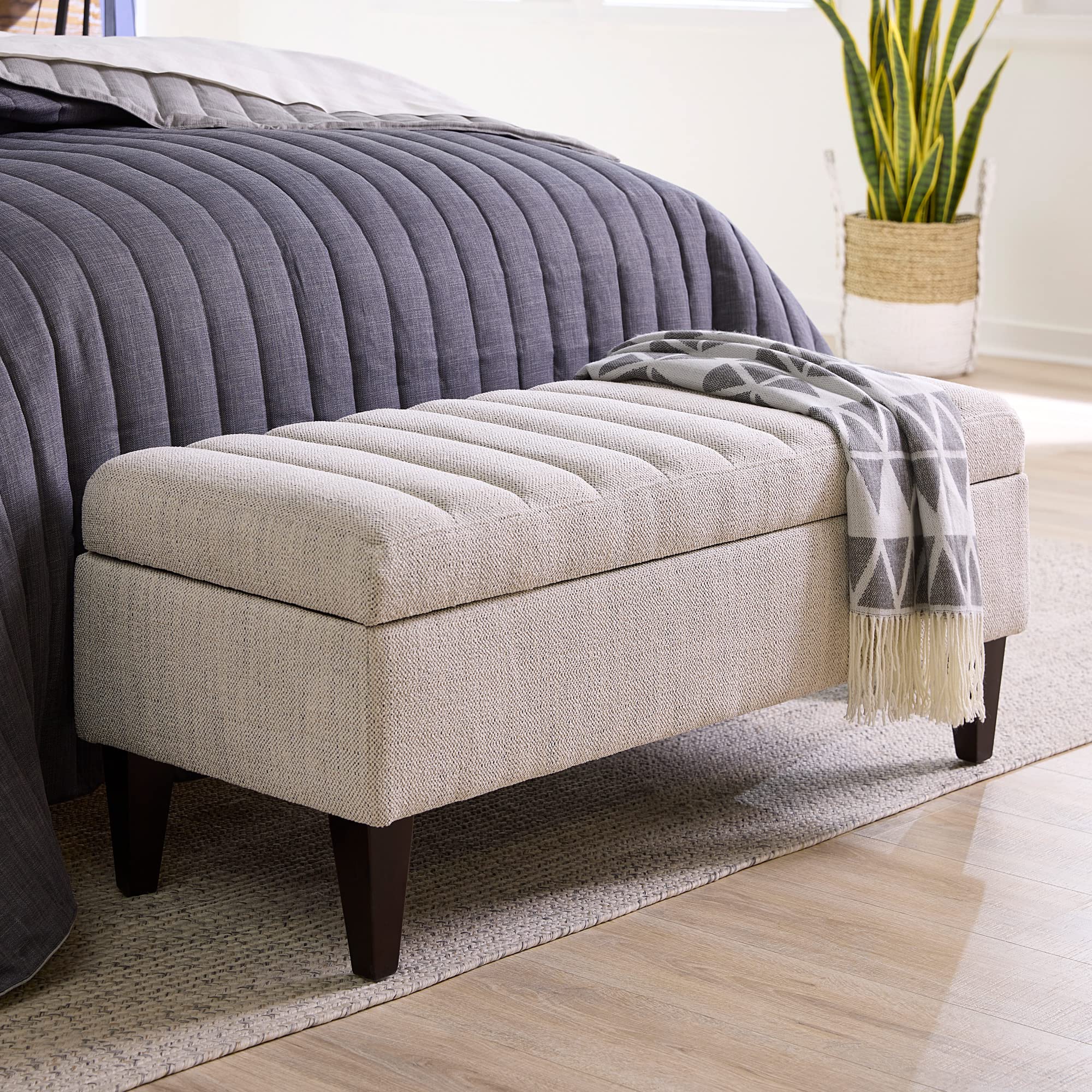 CHITA Channel Tufted Storage Ottoman Bench, Square Fabric Ottoman with Storage for Living Room Bed, Ivory