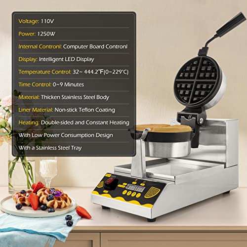Dyna-Living Belgian Waffle Maker Commercial Intelligent Round Waffle Maker Rotating 180° Nonstick Flip Waffle Iron Machine Professional Commercial Waffle Maker for Restaurant 110V 1250W
