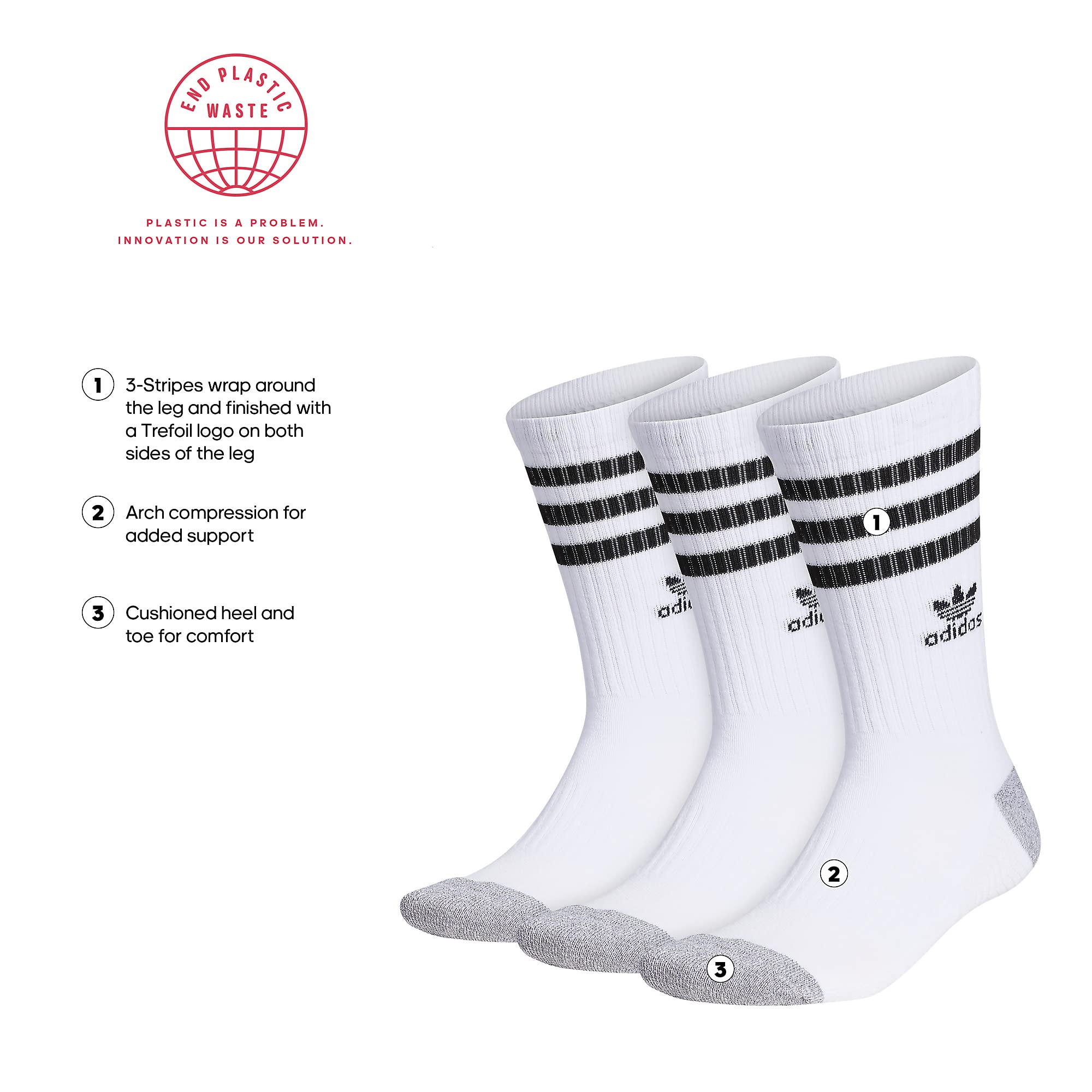 adidas Originals womens Roller (3-pair) Crew Sock, White/Black, Medium US