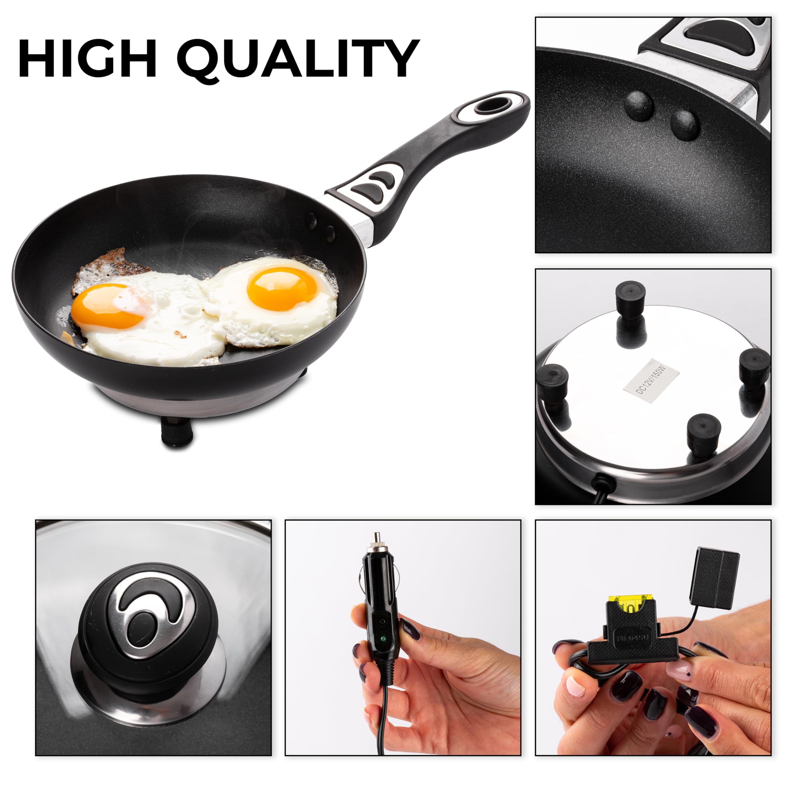 ZONETECH 12V Frying Pan with Glass Lid Portable Non-Stick 7.5-inch Pan Stay-Cool Handles, Rapid Heat Up, Portable, Perfect For Camping, Picnic and more