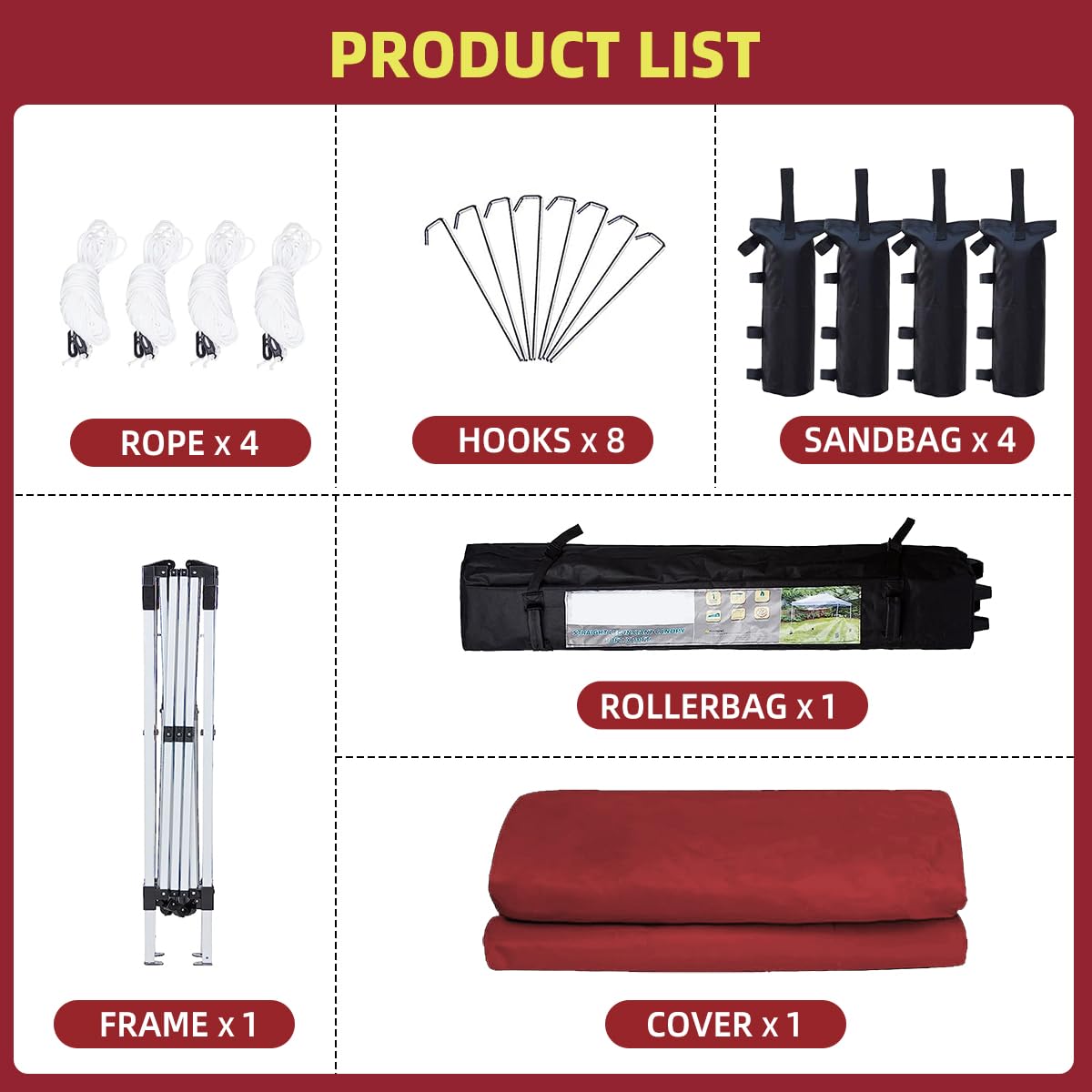 VOYSIGN 10x10 Pop Up Canopy Tent, Outdoor Instant Sun Shelter - Red, Included 1 x Rolling Storage Wheeled Bag, 4 x Weights Bags, 4 x Guylines, 8 x Stakes
