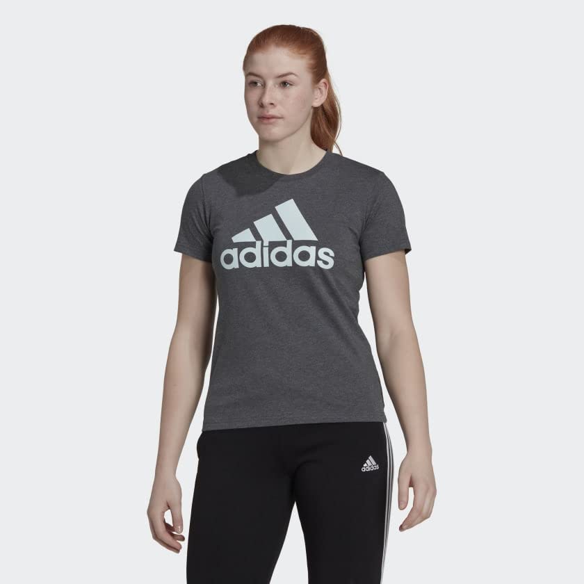 adidas Women's Standard Loungewear Essentials Logo Tee, Dark Grey Heather/Almost Blue, Large