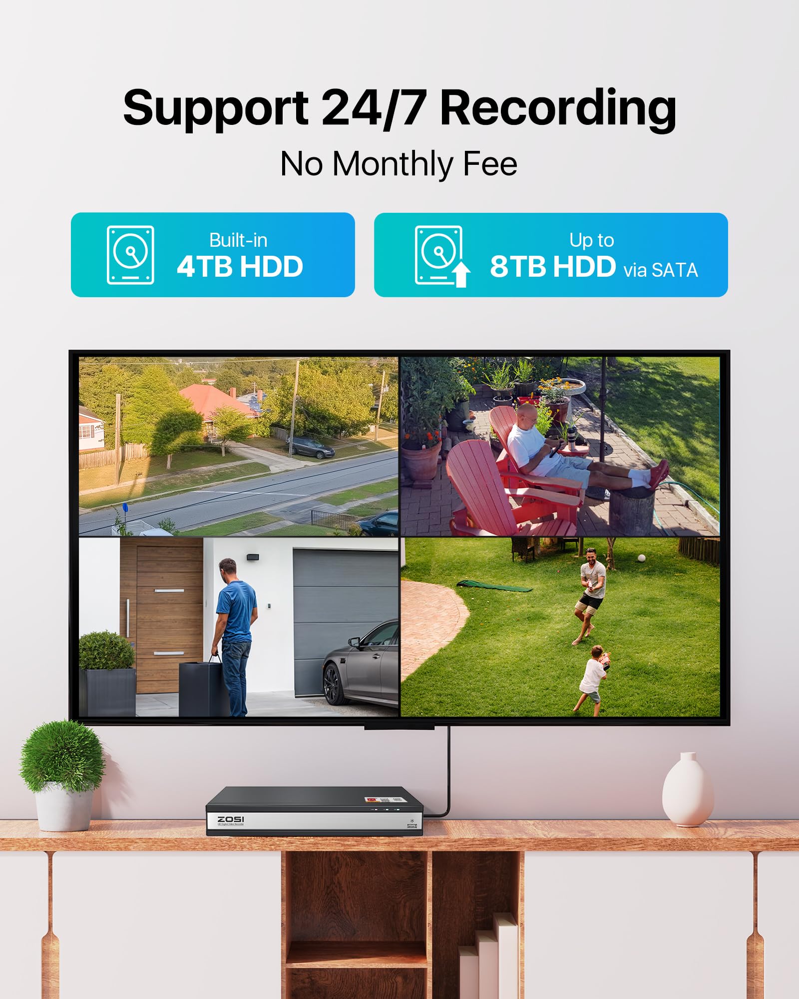 ZOSI 3K Lite H.265+ 16 Channel Video Security DVR Recorder with AI Human/Vehicle Detection,16CH Hybrid 4-in-1 CCTV DVR with 4TB HDD for Home Surveillance Camera System,Remote Access,24/7 Recording