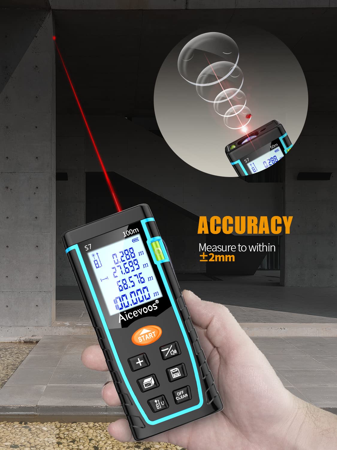 Aicevoos Laser Measure 328ft,Digital Laser Distance Meter, M/in/Ft Unit Switching Backlit LCD 4 Line Display IP54 Shockproof,Measure Distance, Area and Volume | 100M