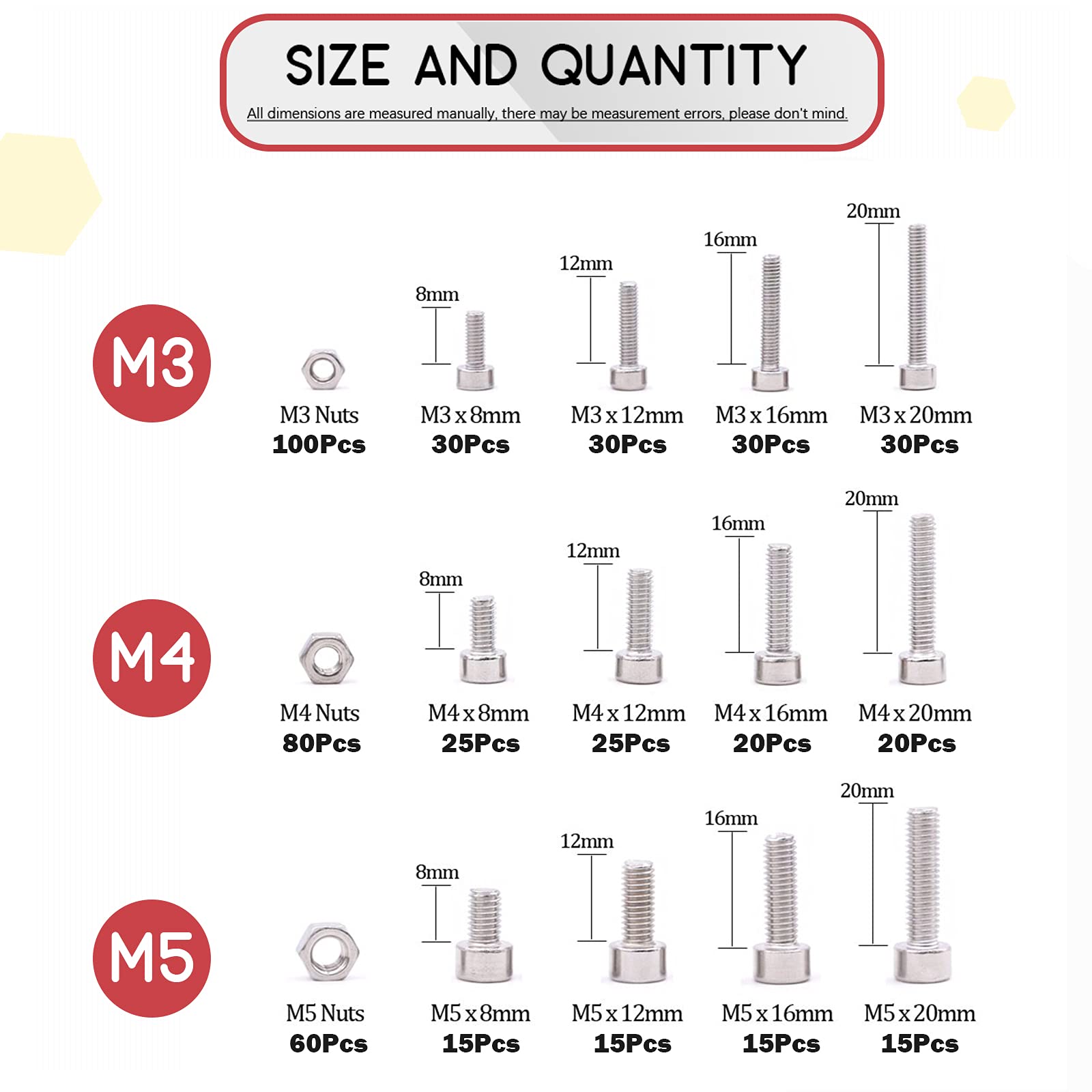 Hilitchi 510pcs M3 M4 M5 Stainless Steel Hex Socket Head Cap Bolts Screws Nuts Assortment Kit - 304 Stainless Steel (Hex Socket)