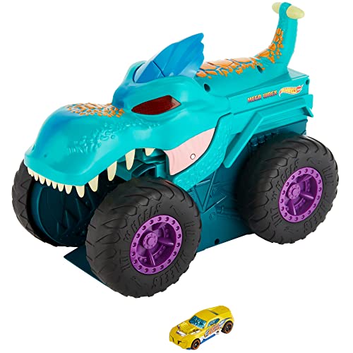 Hot Wheels Monster Trucks Car Chompin' MEGA-Wrex, Large Toy Monster Truck & 1:64 Scale Toy Car, "Eats" & "Poops" 1:64 Scale Vehicles