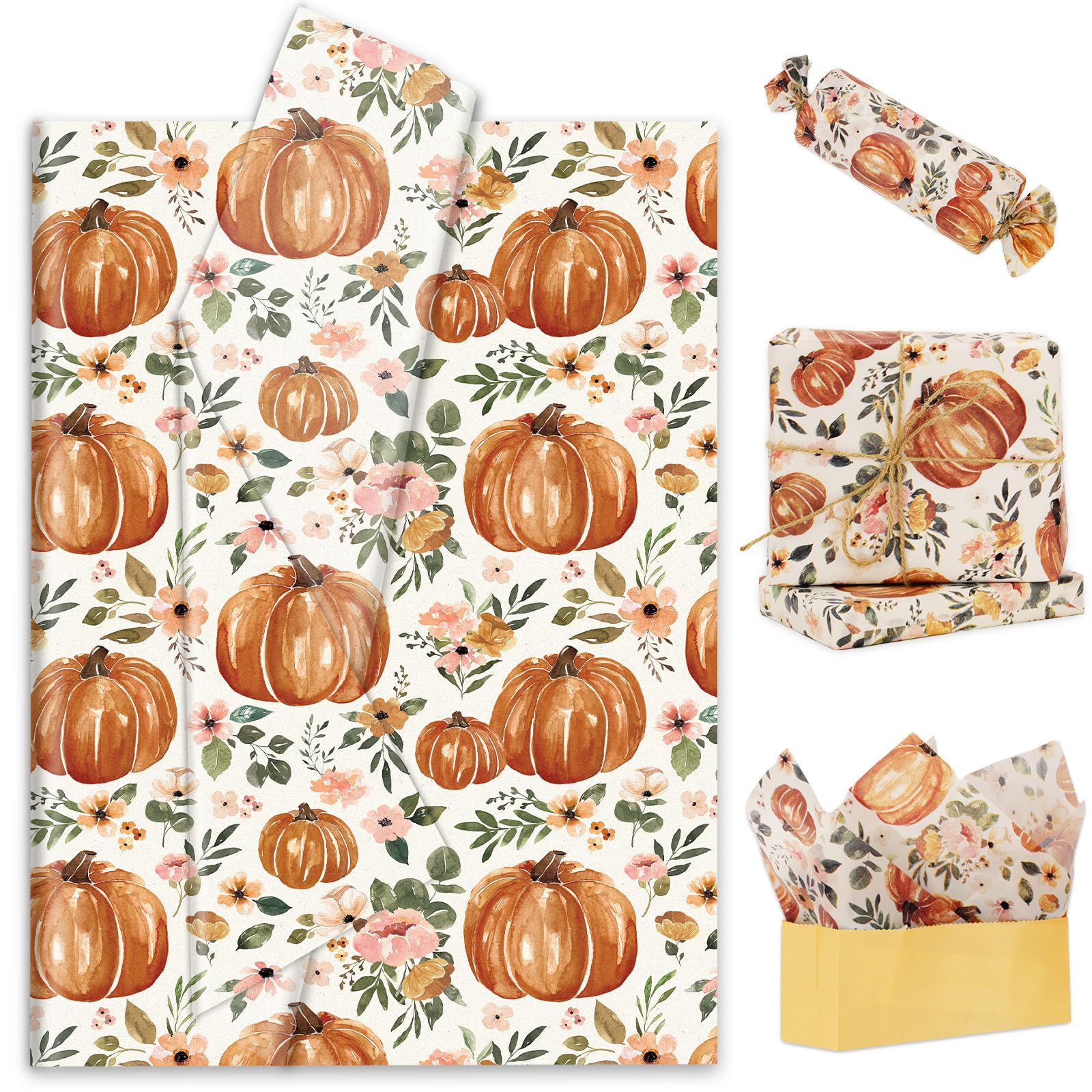 Whaline 100Pcs Fall Pumpkin Tissue Paper Leaves Blush Pink Floral Print Gift Wrapping Paper Vintage Packaging Paper for Autumn Harvest Thanksgiving Baby Shower Birthday Party Decor, 14 x 20 Inch