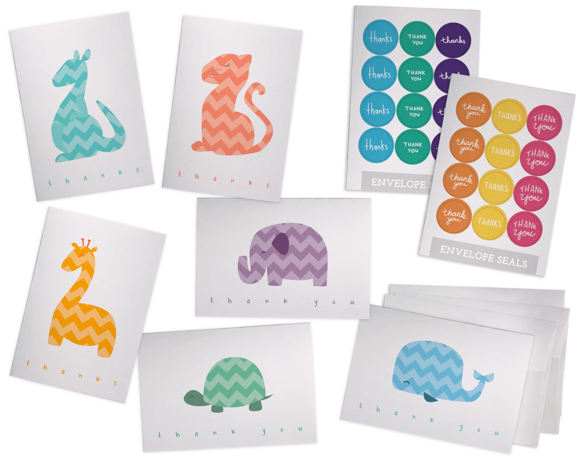 Hill Valley Greetings Around the World Chevron Safari Animals Baby Shower Thank You Note Cards - Set of 48 Baby Thank You Cards with Envelopes