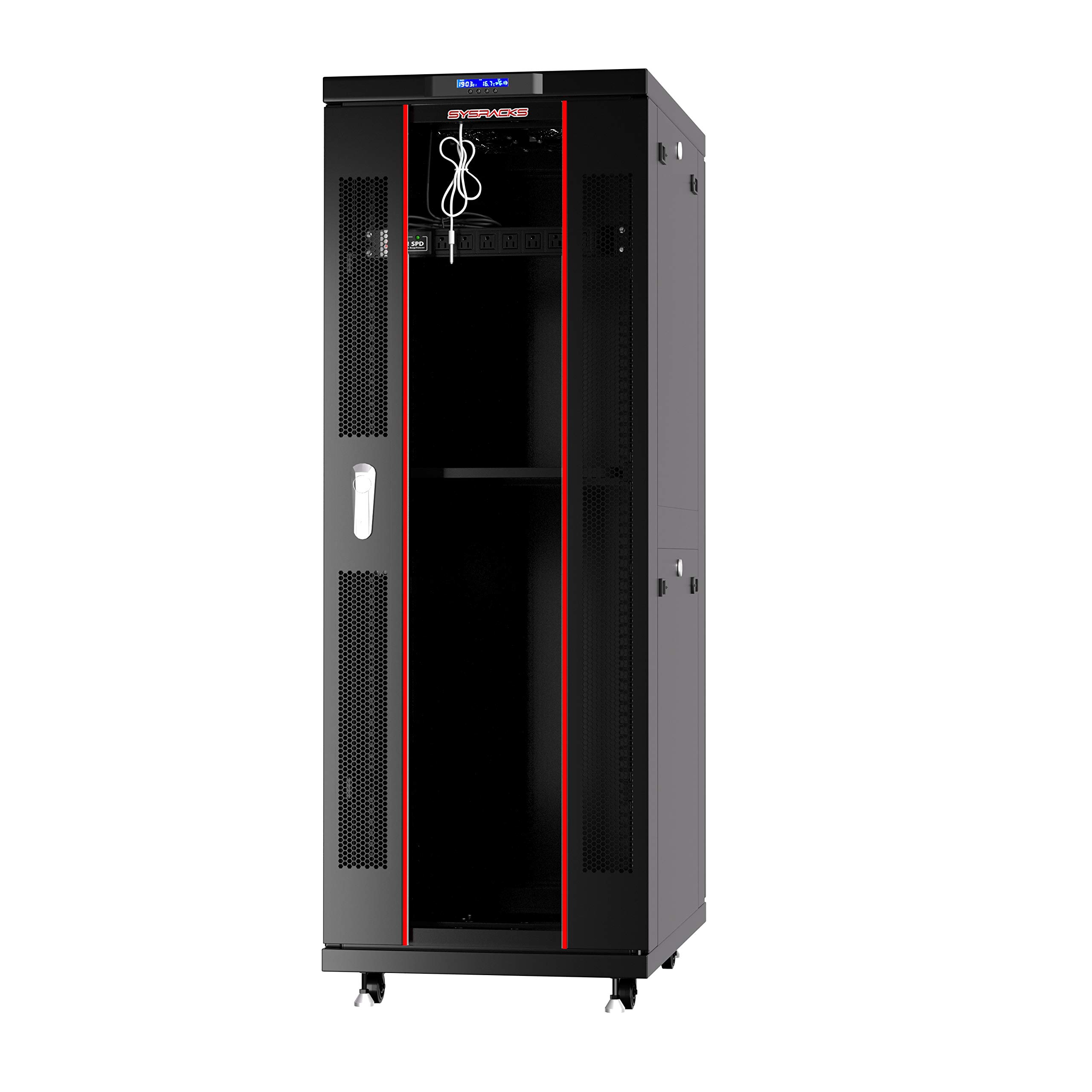 Server Rack - Locking Cabinet - Network Rack Cabinet Enclosure - 32U - Rack Mount - 39 Inch Deep - Server Cabinet - on Wheels - Shelf - Cooling Fan - Thermostat - Sysracks - SRF