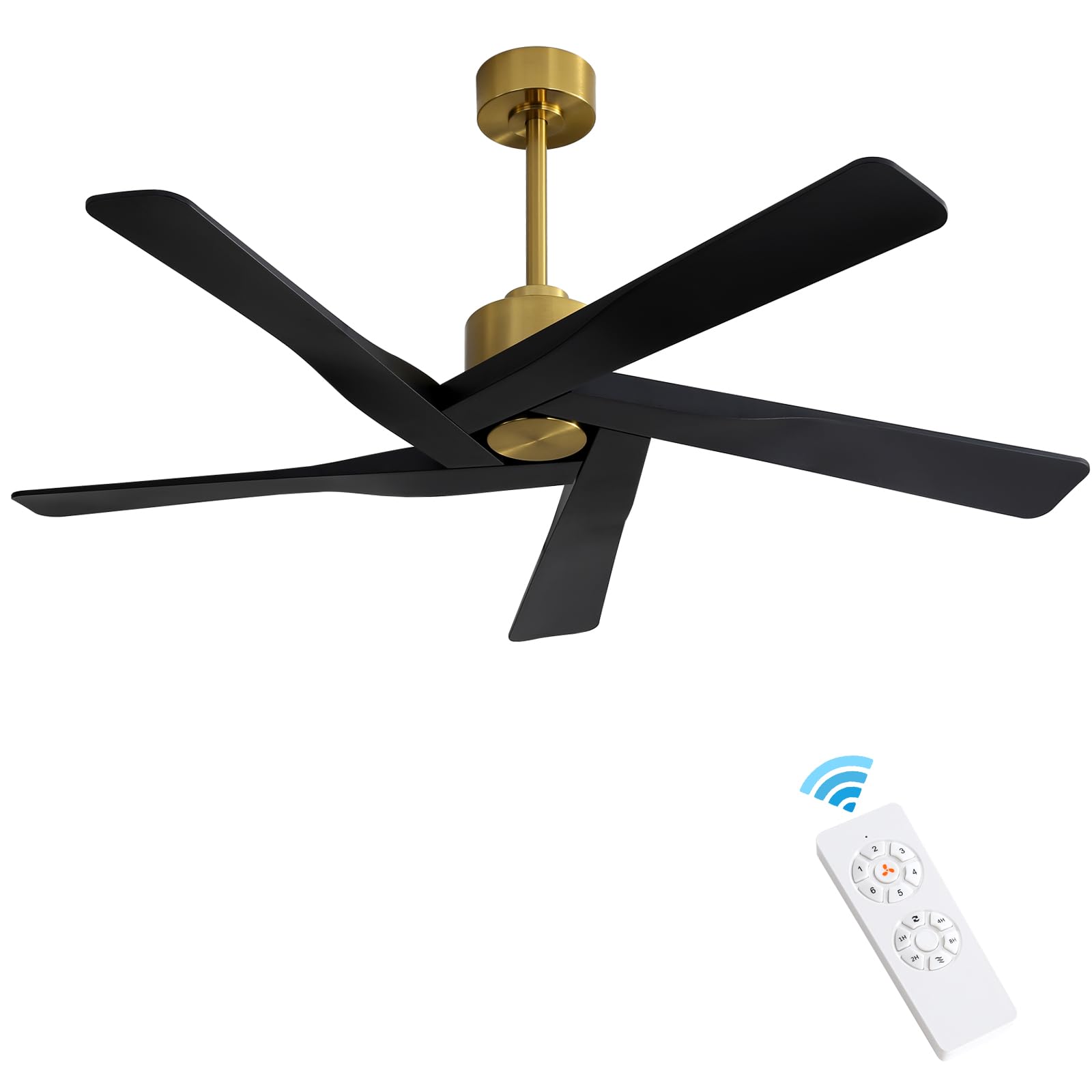 ACOZ 64" ABS DC Ceiling Fan No Light, 5 Blade ABS Plastic Ceiling Fan with Remote, 6-Speed Reversible DC Motor, Ceiling Fan without Light for Kitchen Bedroom Living Room, Brass and Matte Black