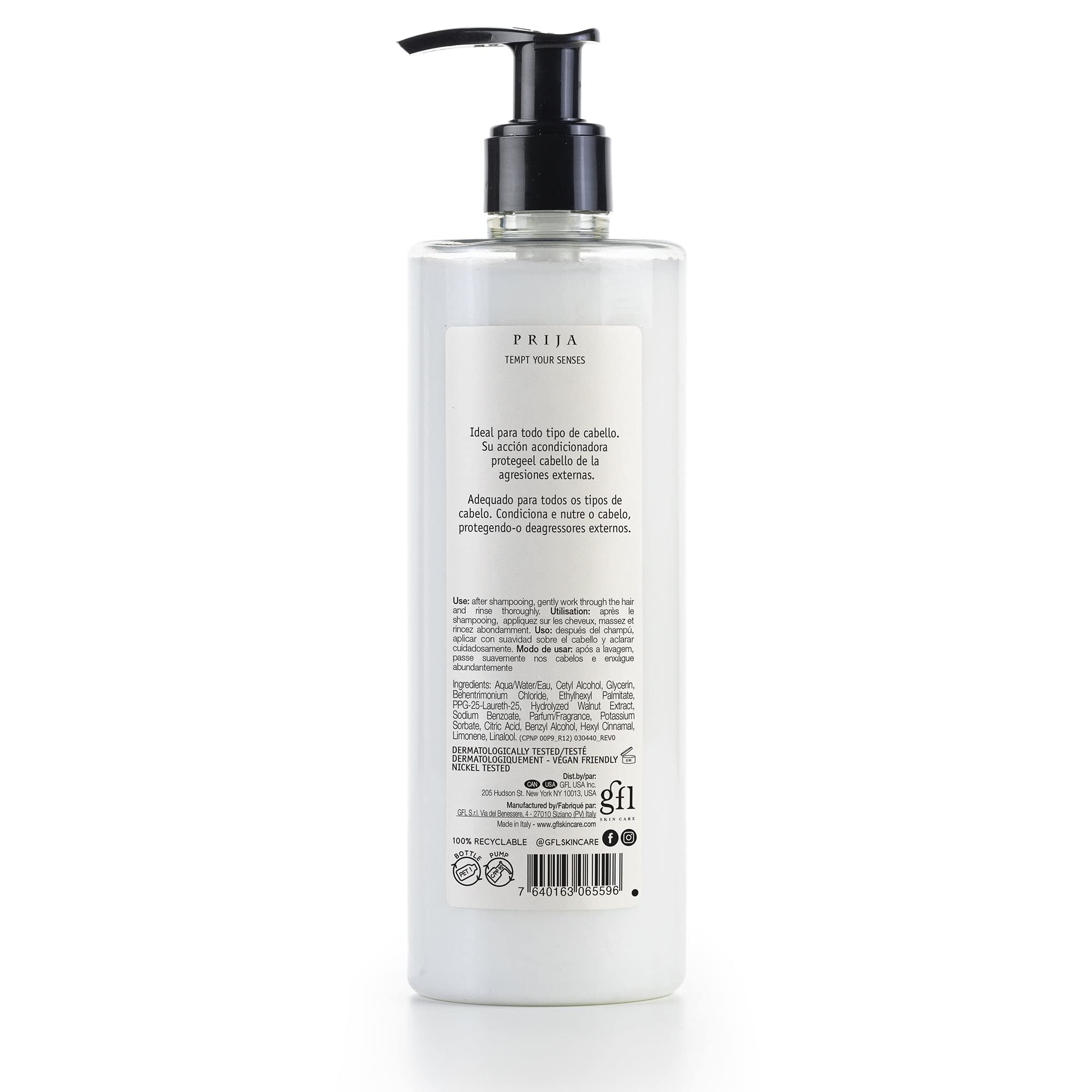 Prija Protective Hair Conditioner with Green Walnut Extract (12.84 fl oz) - For all Hair Types - Vegan Friendly - Dermatologically Tested - Made with 100% Recycled Bottle