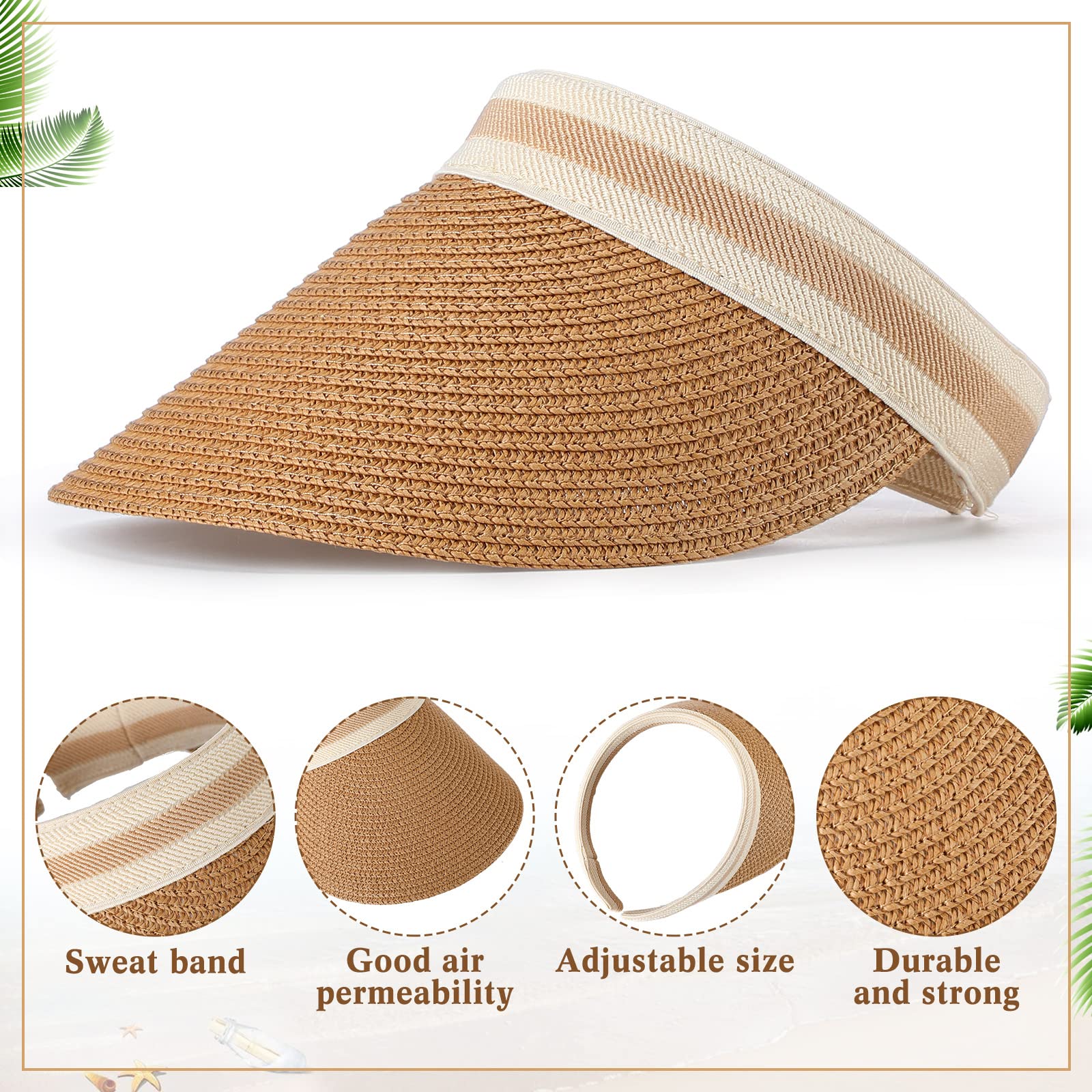 9 Pieces Straw Visors for Women Bulk Wide Brim Sun Visor Hats UV Protection Sun Visors Hats for Summer Beach Golf Outdoor Activities